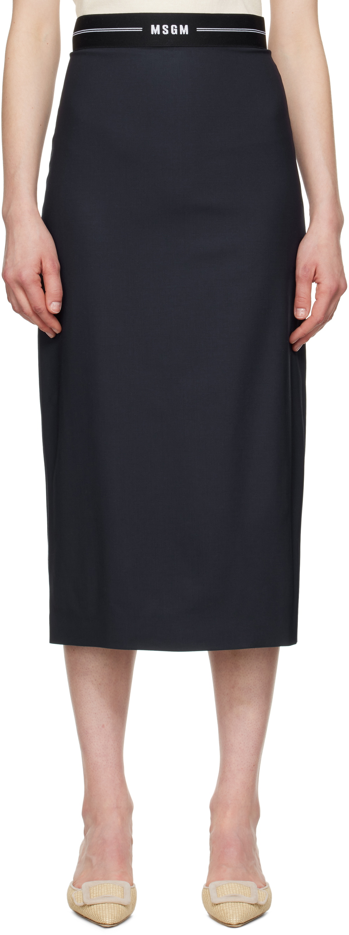 MSGM Navy Virgin Wool Midi Skirt MSGM