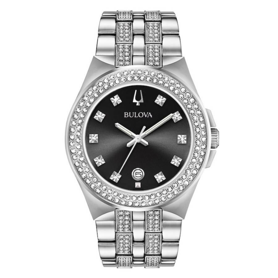 Bulova Quartz Crystal Black Dial Mens Watch & Pendant Boxed Set 96K102 ...