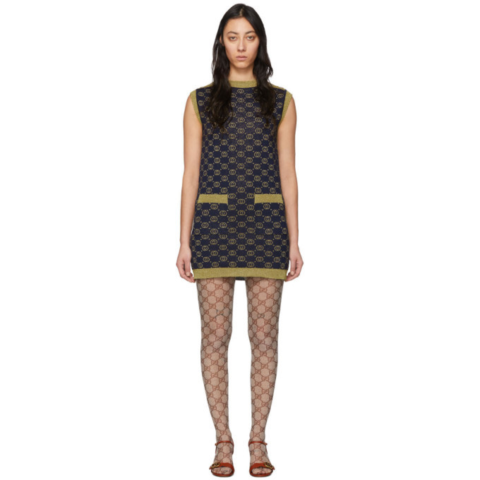 Gucci Navy and Gold Wool Interlocking G Dress Gucci