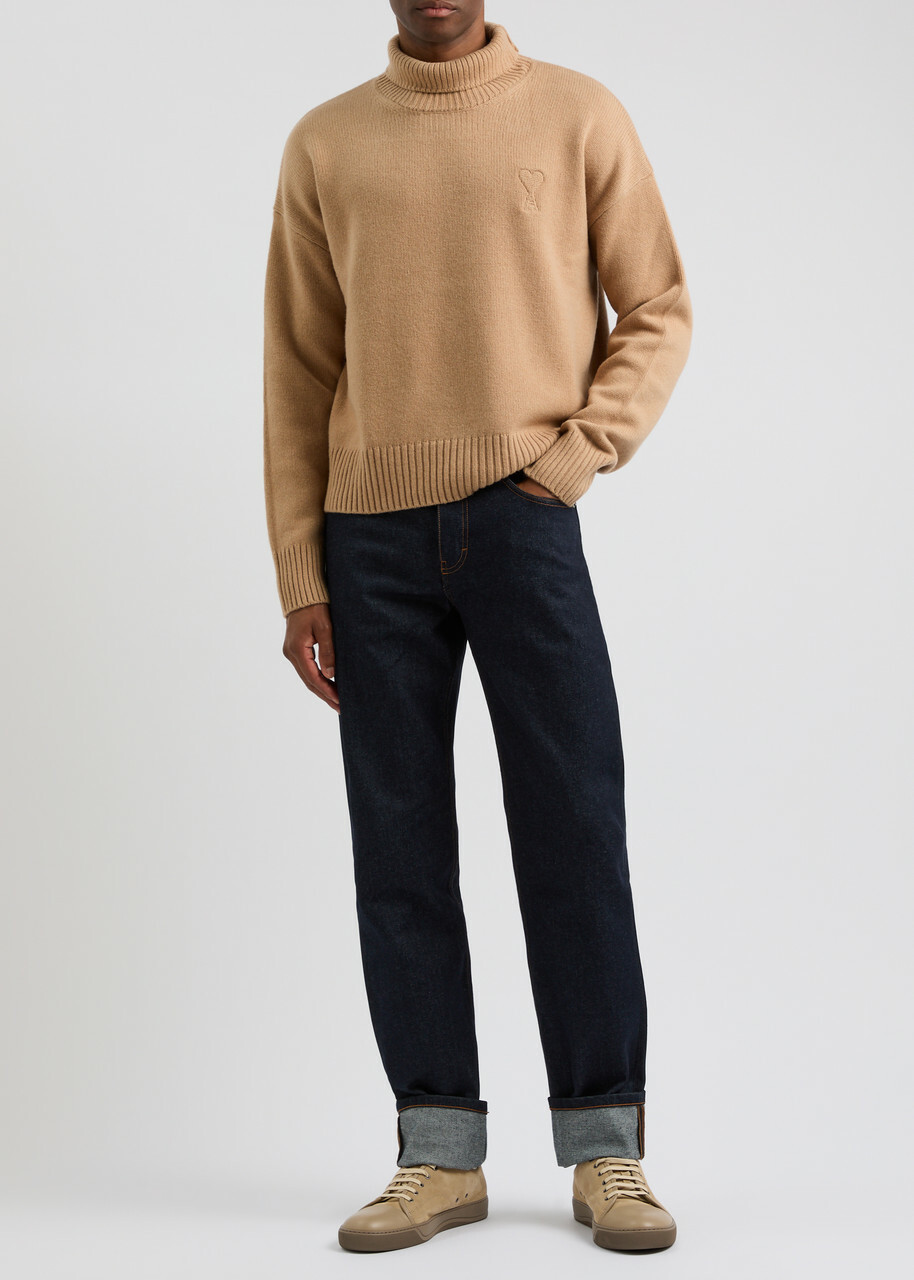 Ami Paris Logo-embossed Wool-blend Jumper Beige AMI