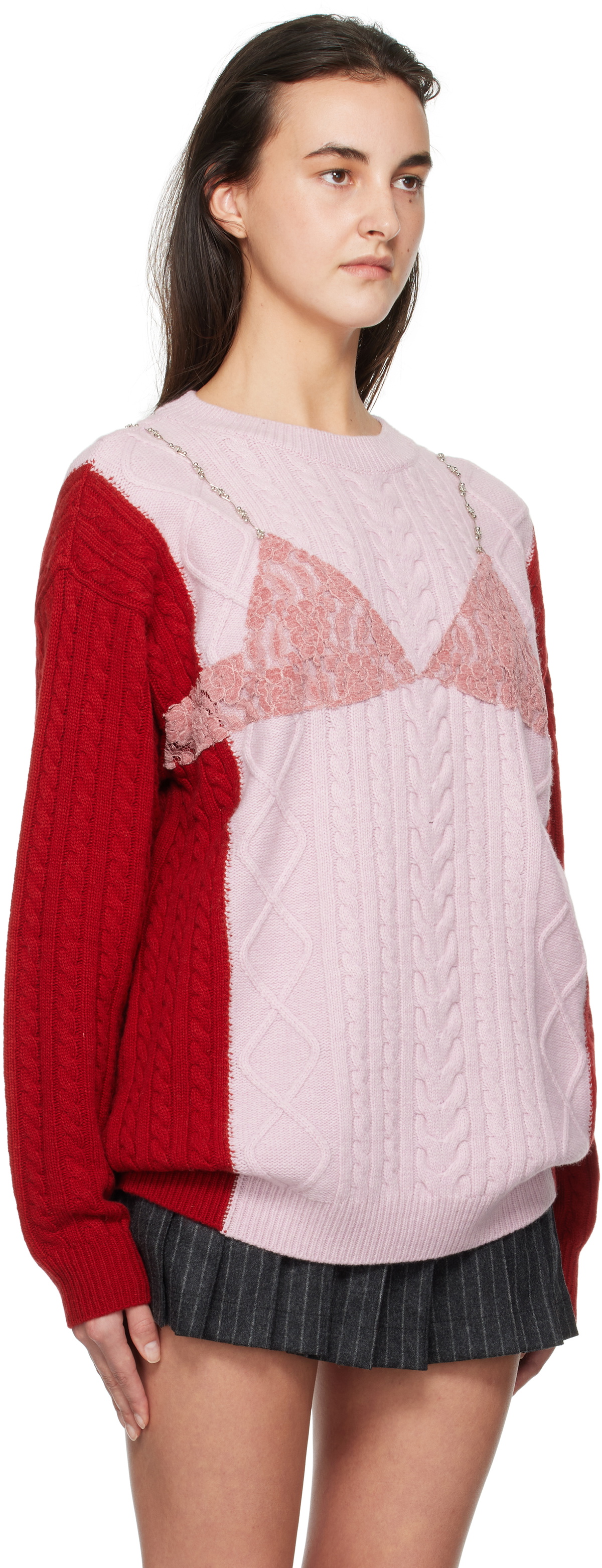 Andersson Bell Pink & Red Lace Lingerie Boyfriend Knit Sweater ...