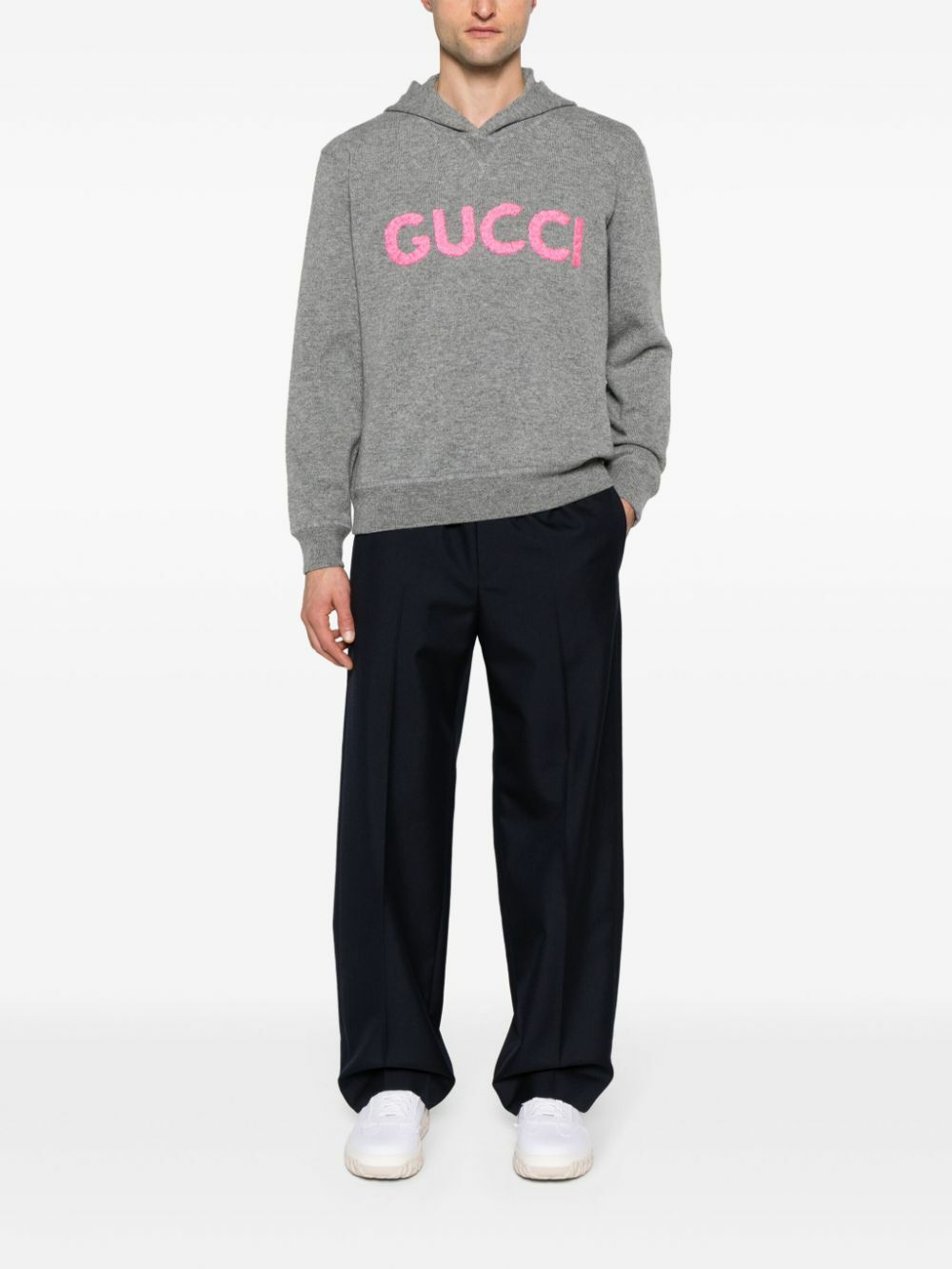 Gucci Grey Logo-Embroidered Wool Hoodie Gucci
