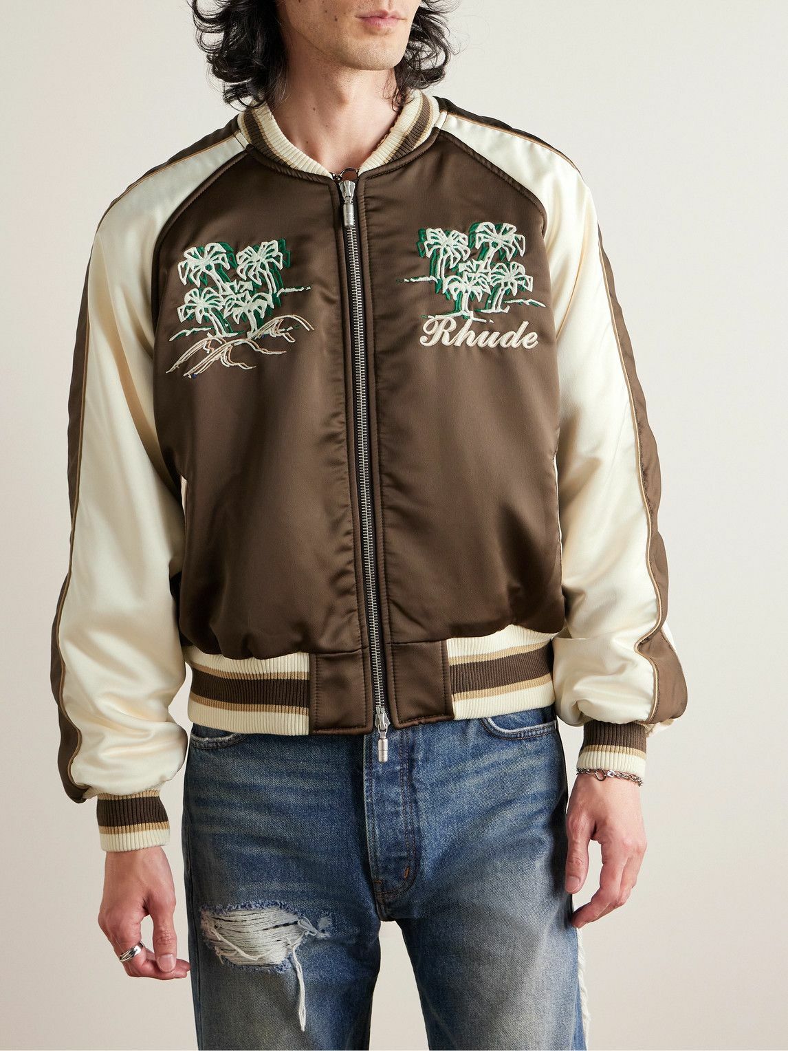 Rhude - Logo-Embroidered Colour-Block Satin Bomber Jacket - Brown Rhude