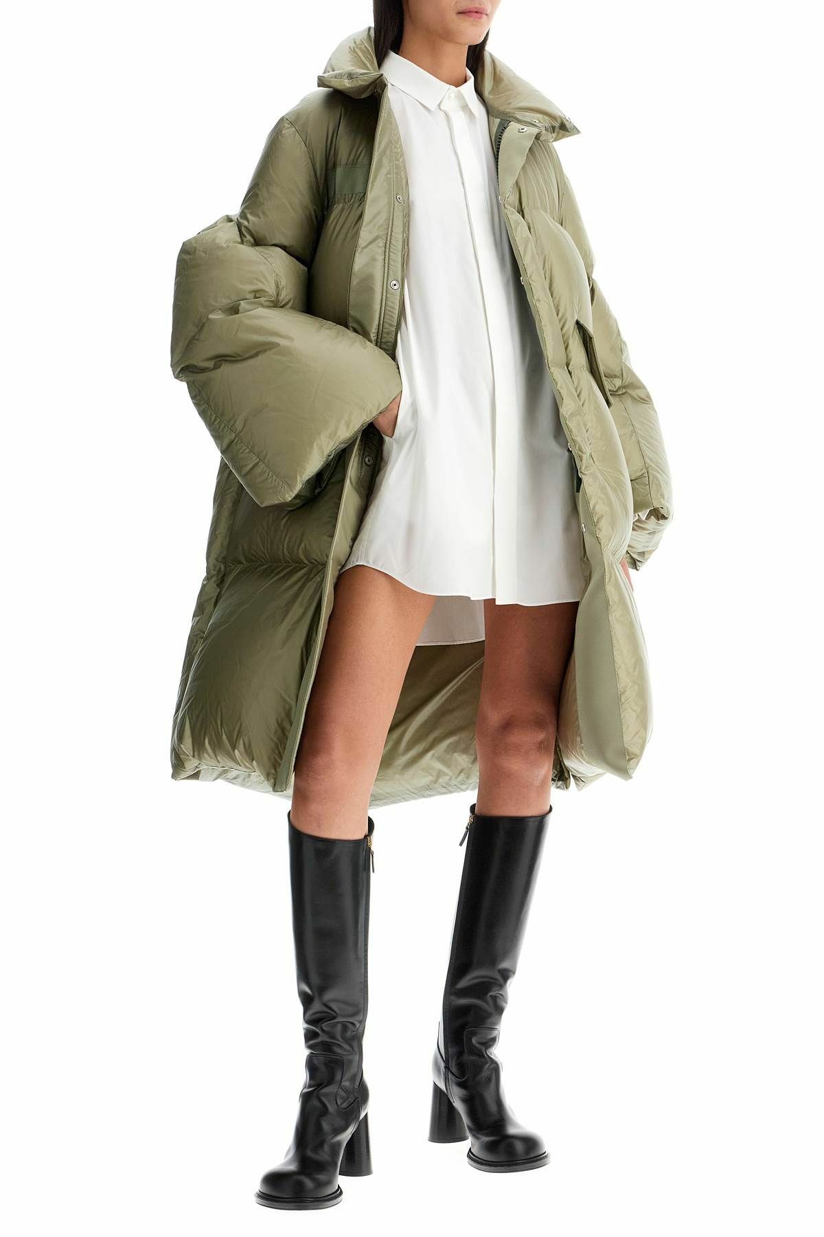 SACAI long down jacket with sculpted sleeves Khaki Sacai
