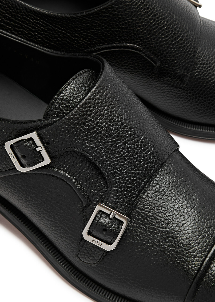 Boss Derrek Grained Leather Monk Strap Shoes Black BOSS