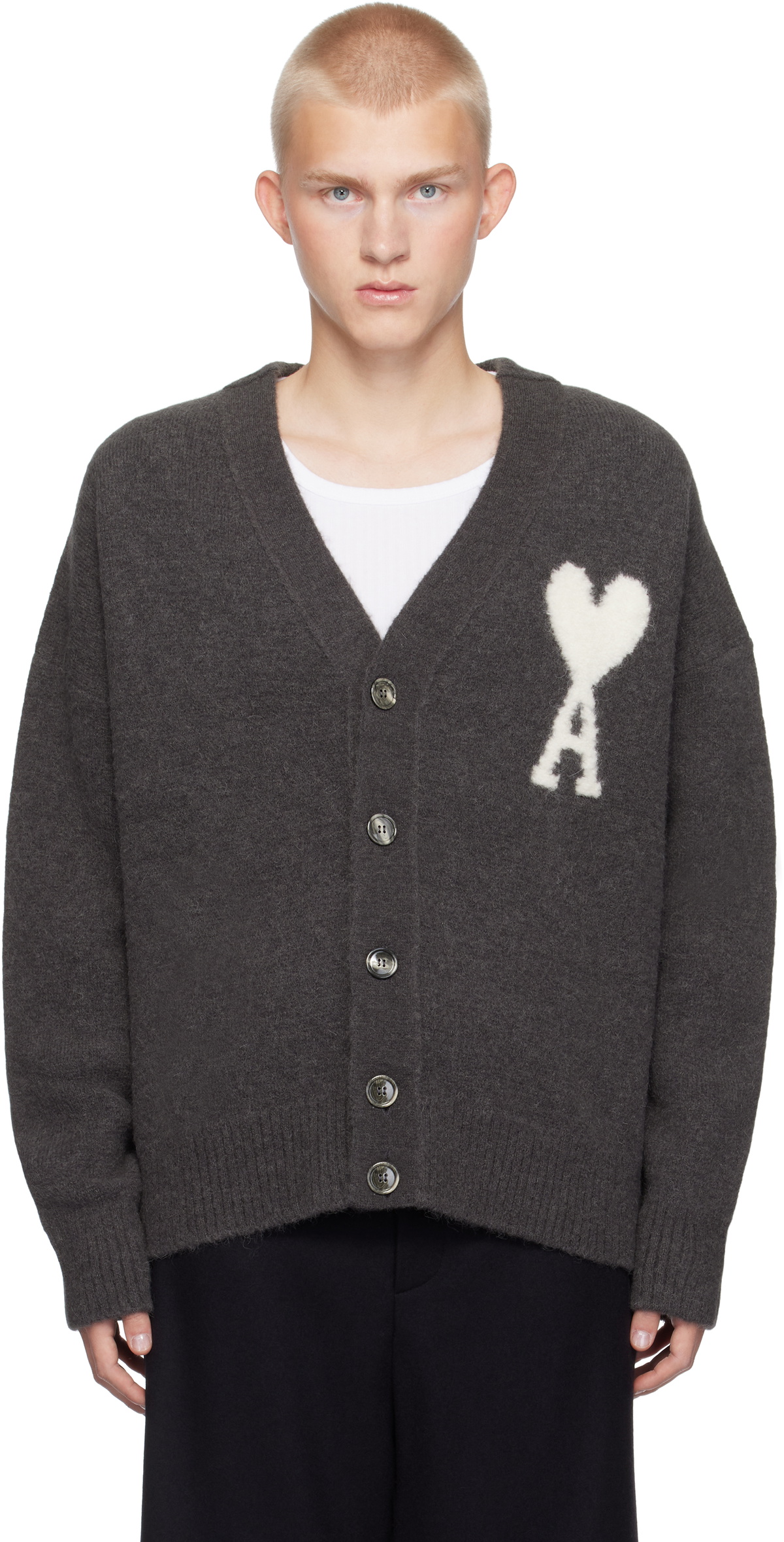 AMI Paris Gray Ami de Coeur Cardigan AMI