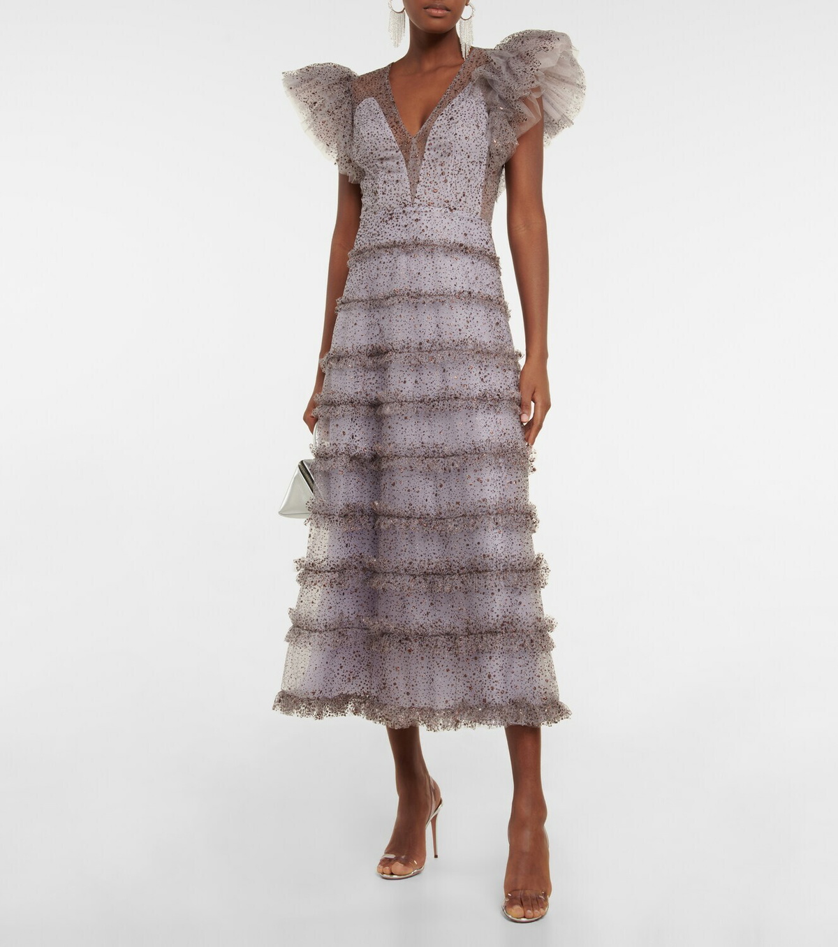 Costarellos Crystal-embellished ruffled midi dress Costarellos