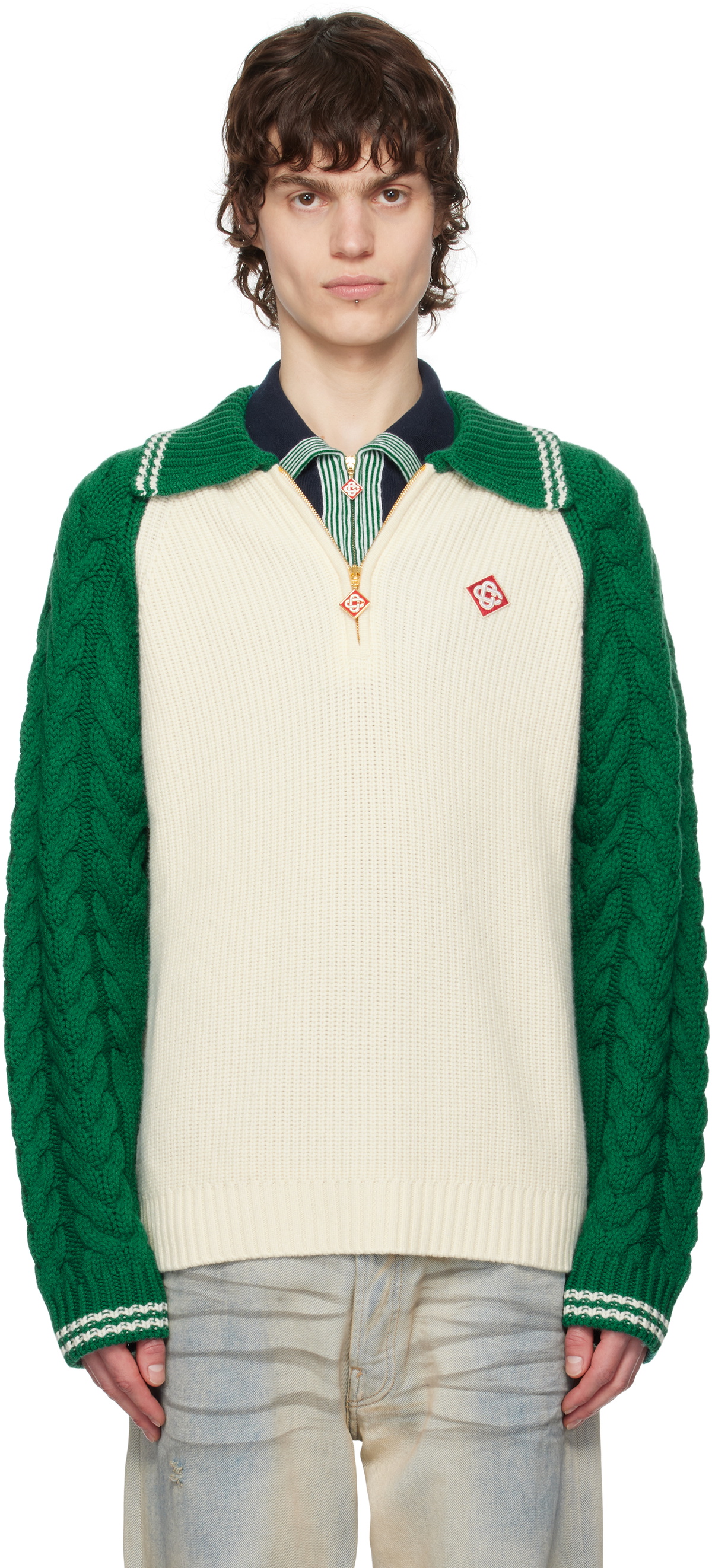 Casablanca Green & Off-White Cashmere Cable Knit Jumper Casablanca