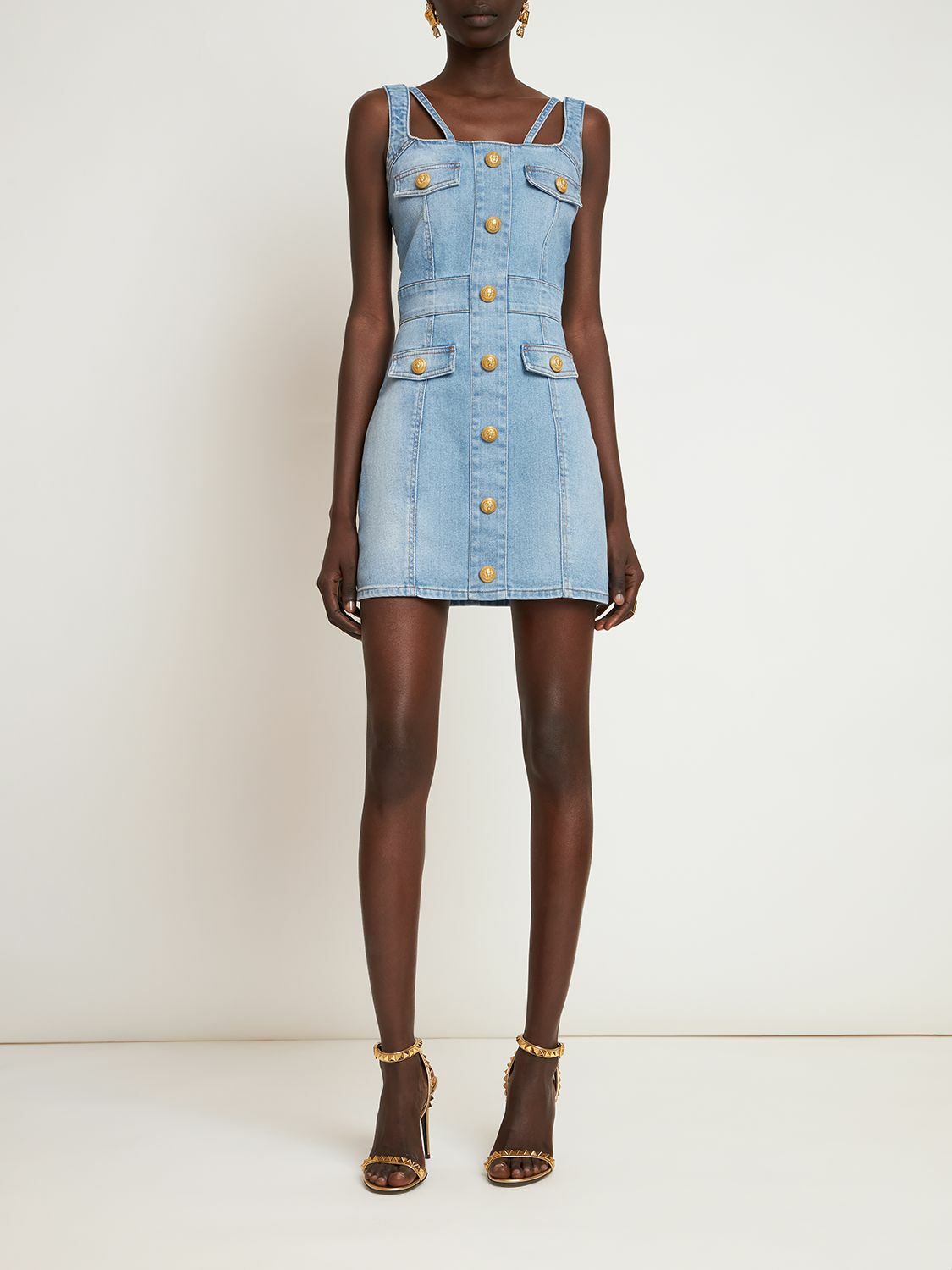 BALMAIN - Vintage Denim Strapped Mini Dress Balmain