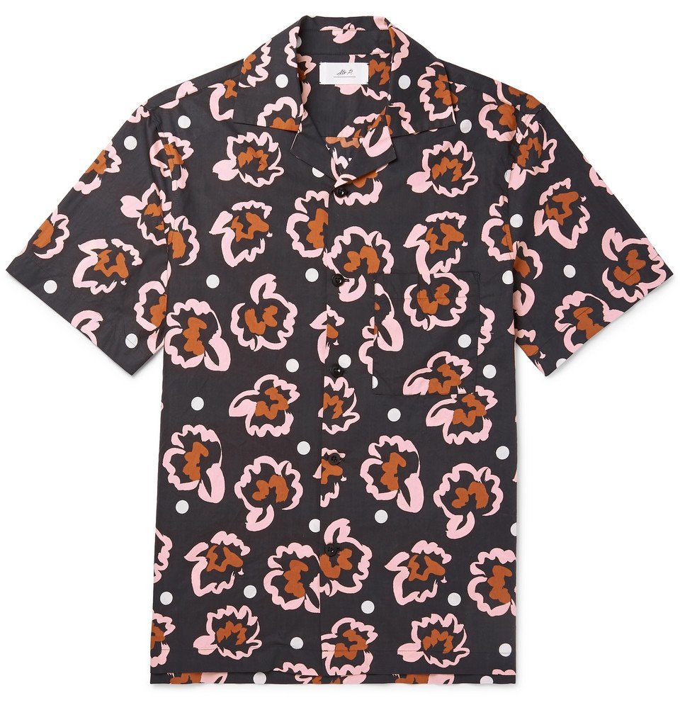 Mr P. - Camp-Collar Printed Cotton-Poplin Shirt - Black Mr P.