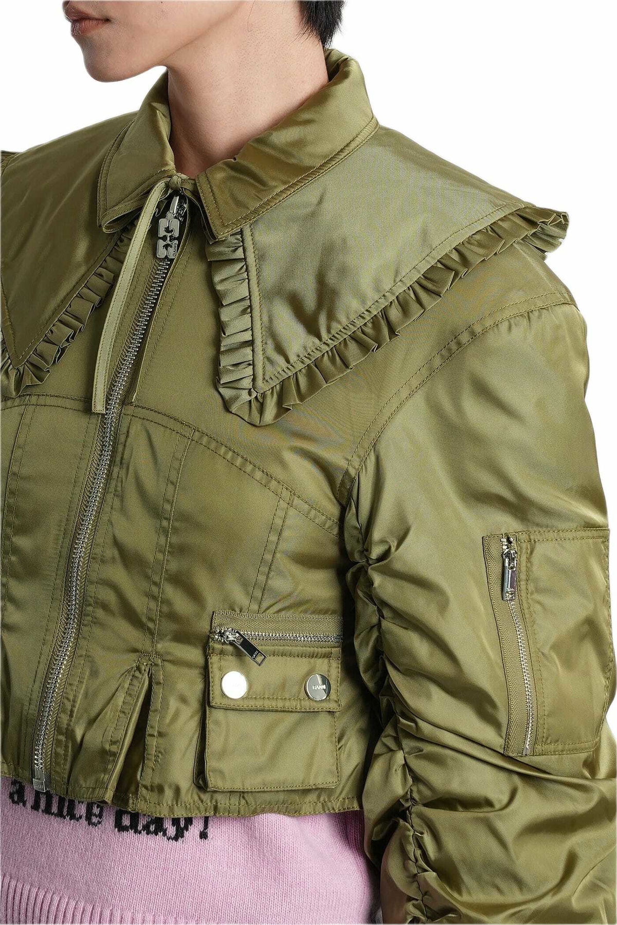 Ganni Bomber Jacket In Green Polyamide GANNI