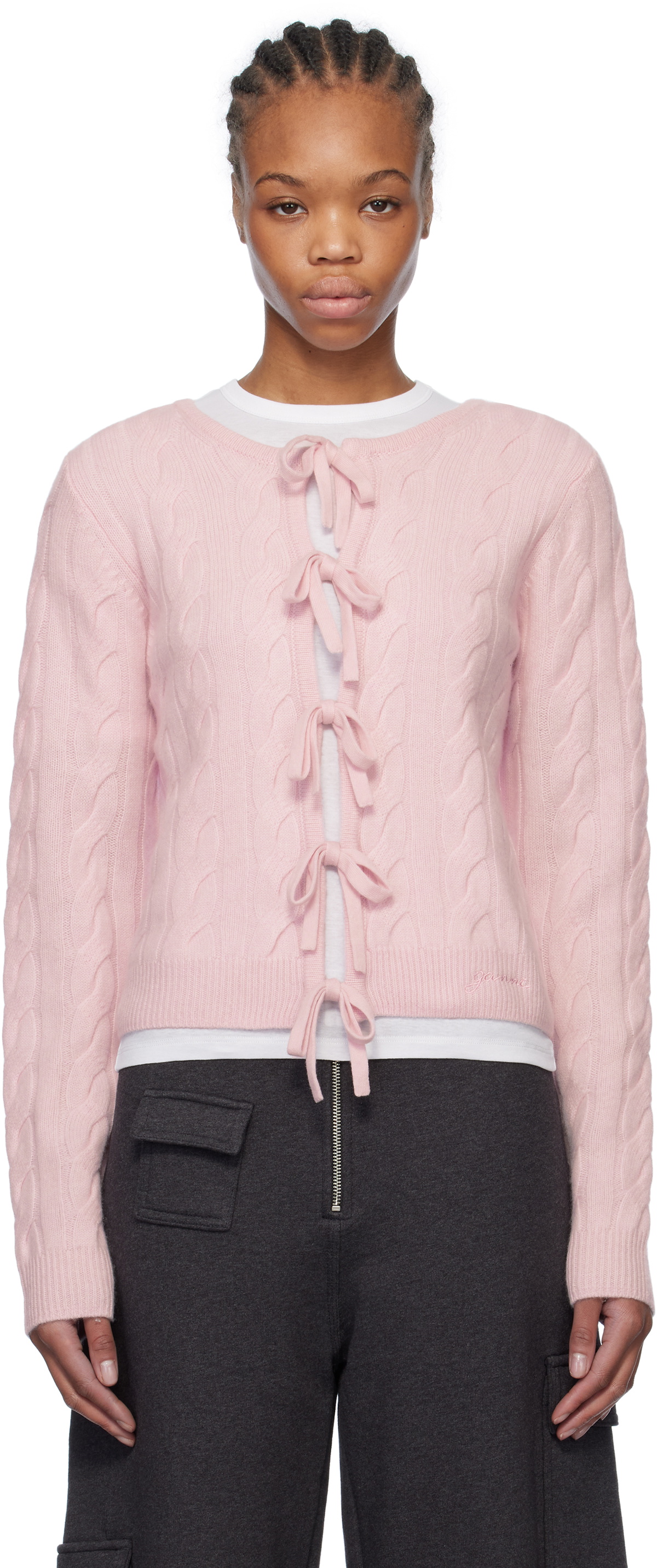 GANNI Pink Cashmere Mix Tie String Cardigan GANNI