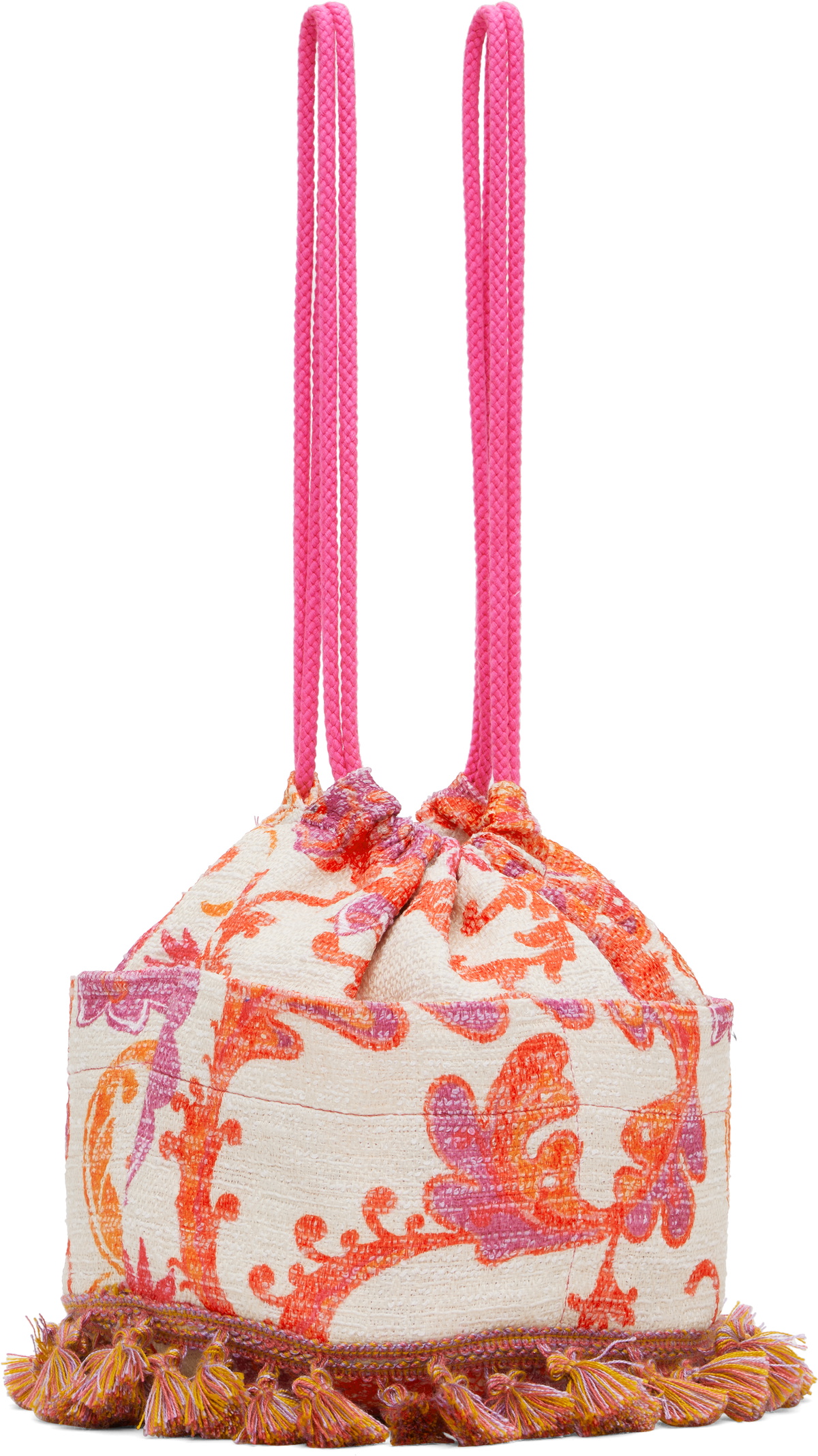 Anna Sui Pink & Off-White Arabesque Linen Tassel Crossbody Bag Anna Sui