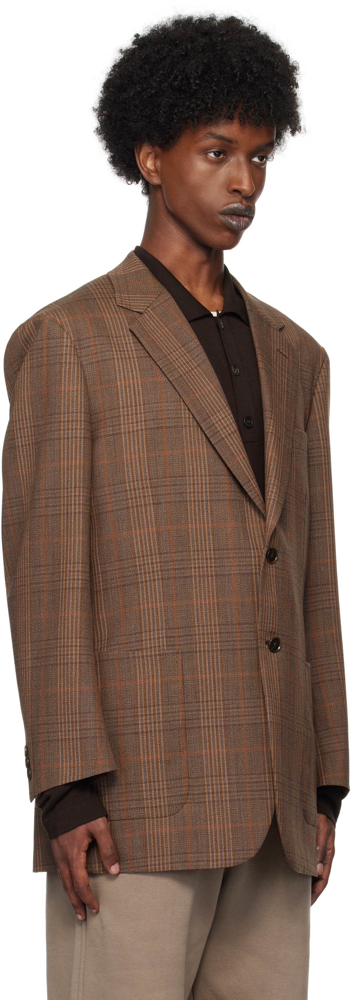 AURALEE Brown Bluefaced Wool Check Double-Breasted Blazer Auralee