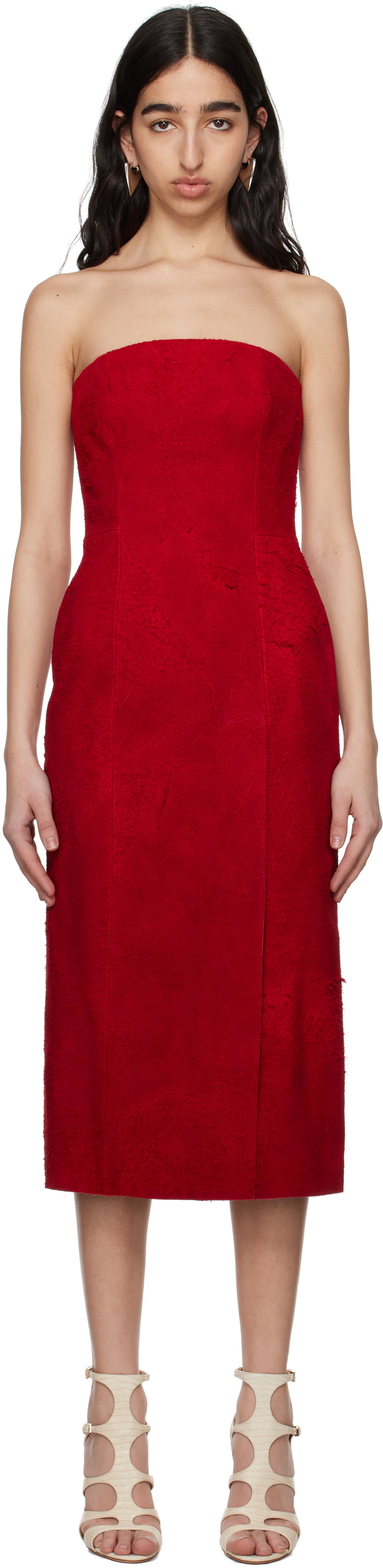 McQueen Red Strapless Suede Midi Dress Alexander McQueen