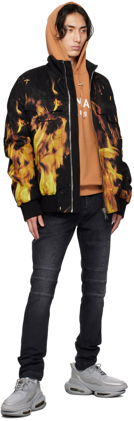 Balmain Black Fire Print Bomber Jacket Balmain