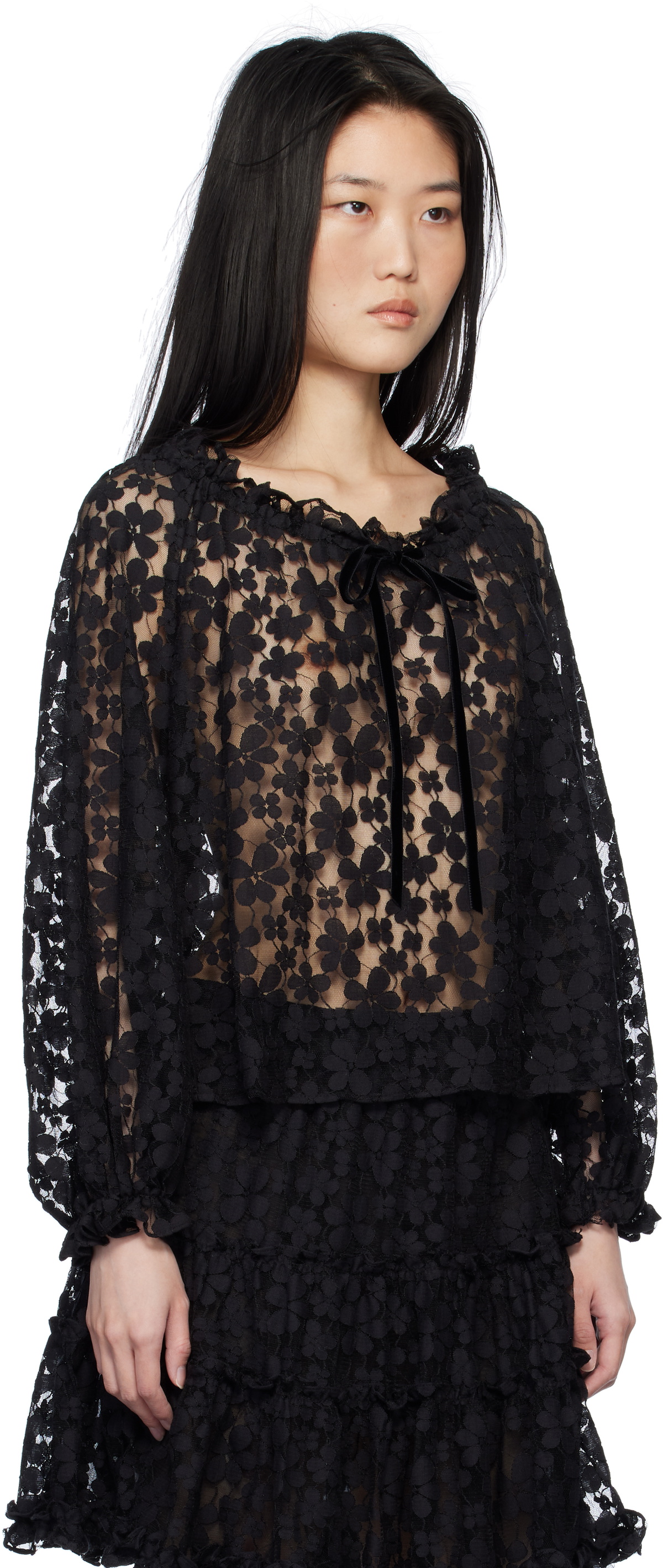 Anna Sui Black Shadow Blossom Elastic Lace Blouse Anna Sui