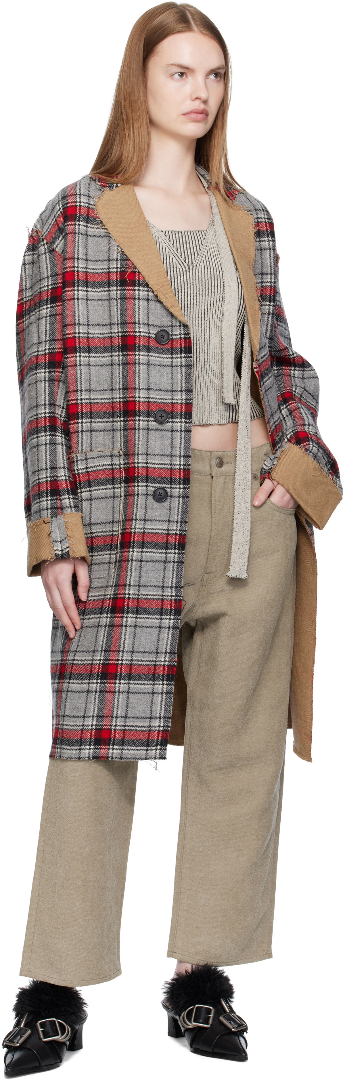 R13 Red & Gray Raw Cut Reversible Coat R13