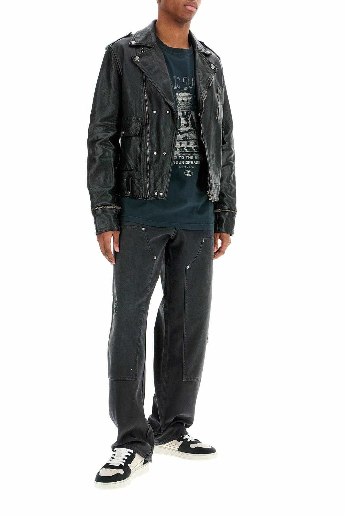 GOLDEN GOOSE black waxed leather biker jacket with zip Black Golden ...