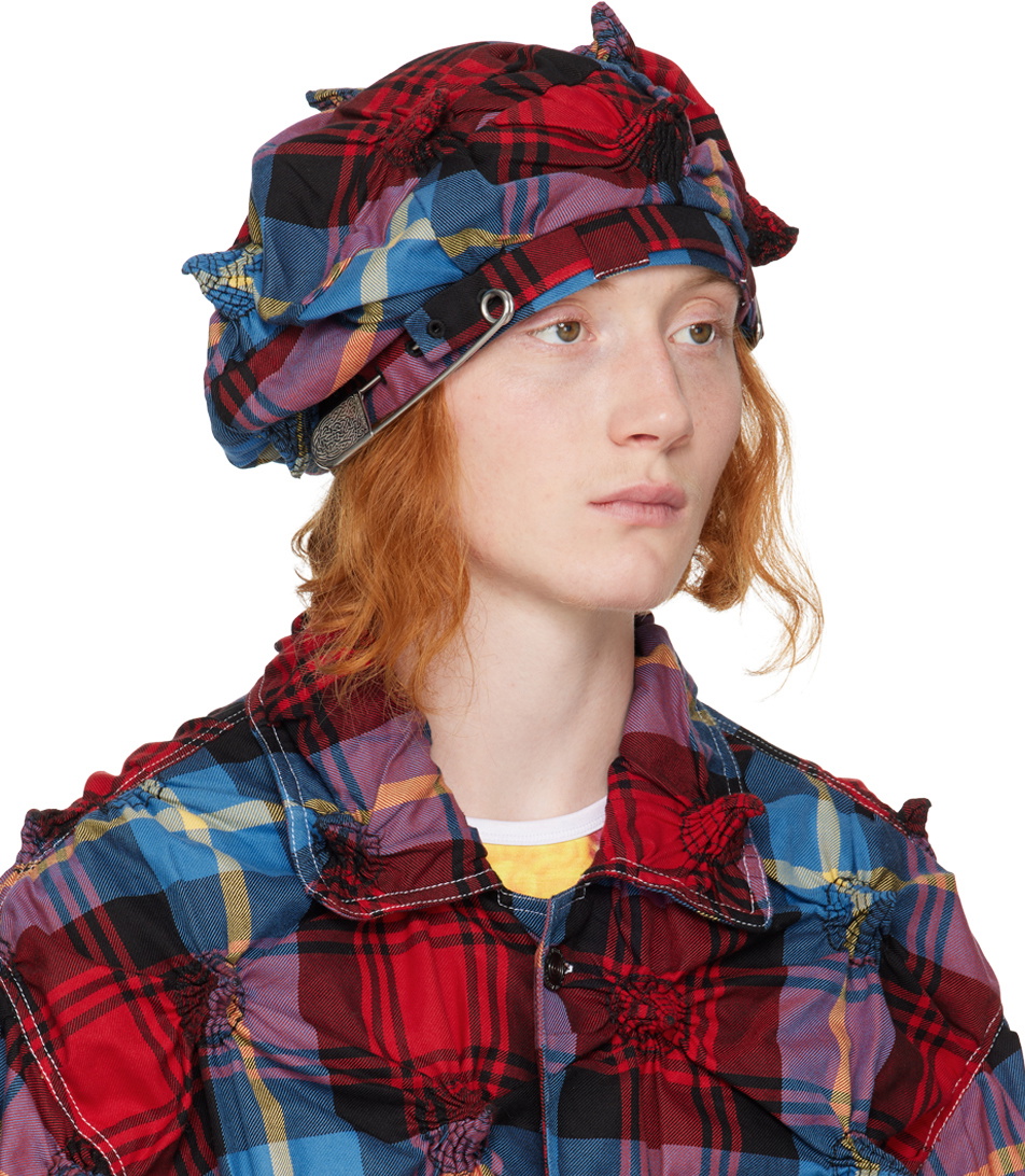 Charles Jeffrey Loverboy Red & Blue Spiky Tartan Tamashana Beret ...