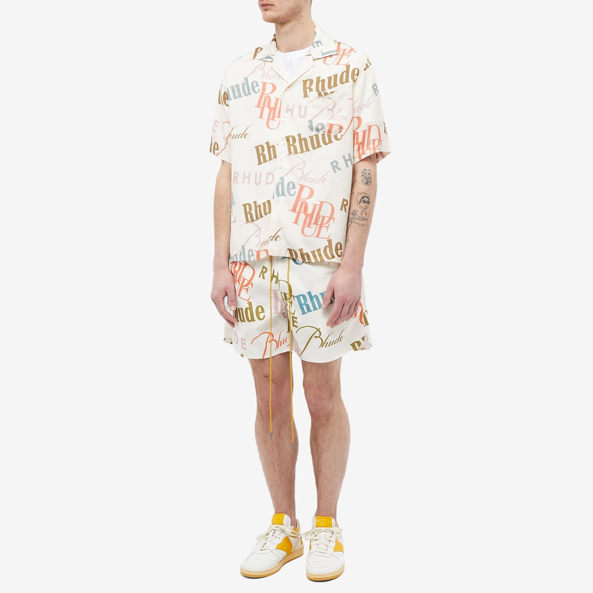 Rhude Men's Mash Up Logo Swim Short in Creme/Multi Rhude