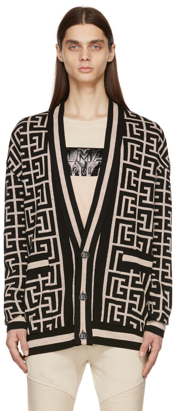 Balmain Black & Off-White Jacquard Monogram Cardigan Balmain