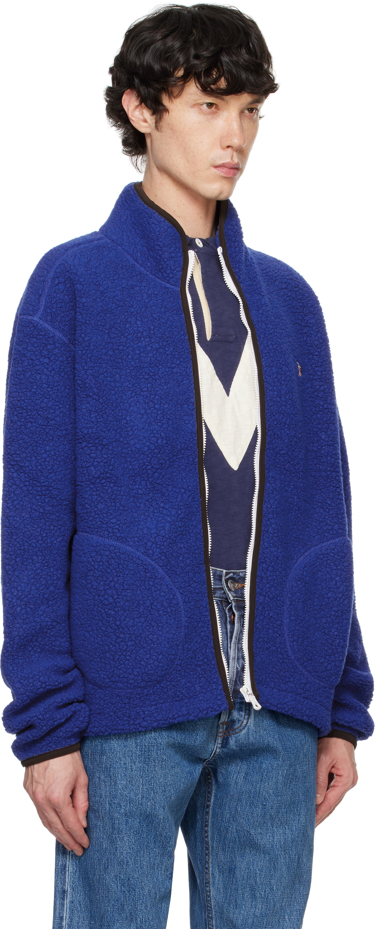 Drake's Blue Boucle Wool Zip Fleece Jacket Drake's
