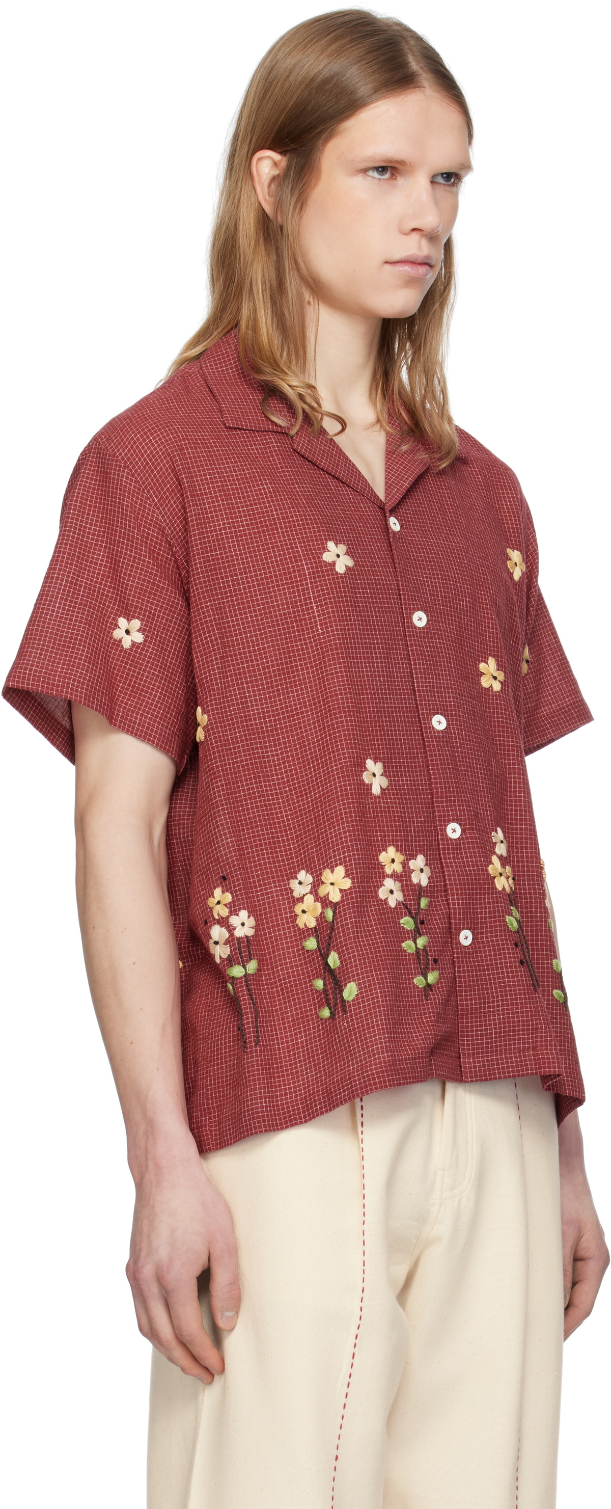 HARAGO Burgundy Embroidered Checkered Shirt HARAGO
