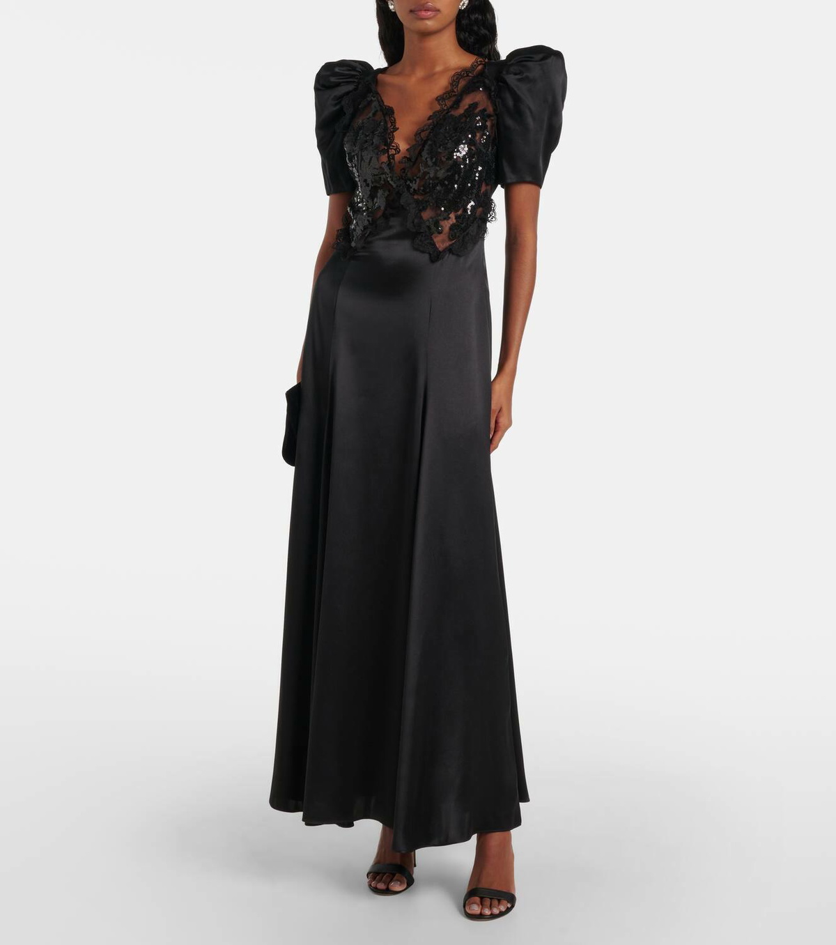 Rodarte Lace-trimmed silk-blend charmeuse maxi dress Rodarte