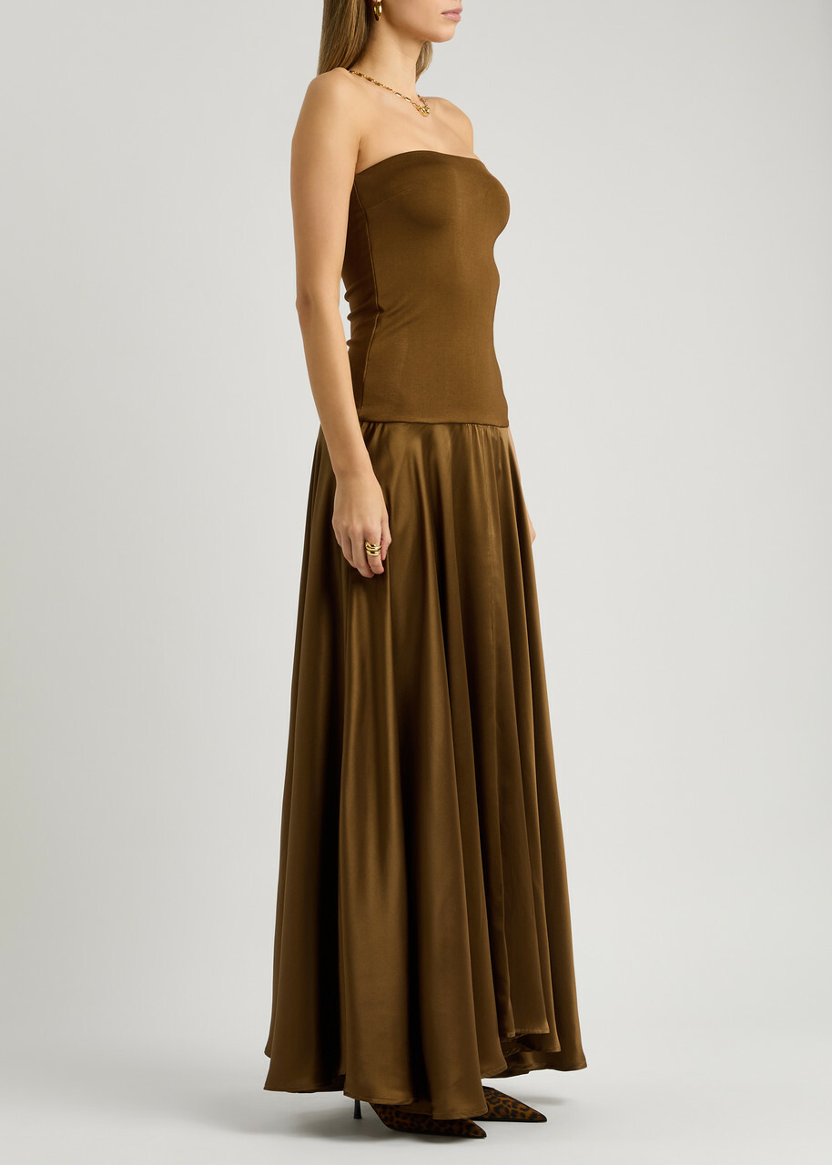 Esse Studios Illi Strapless Silk and Jersey Maxi Dress Olive Esse Studios