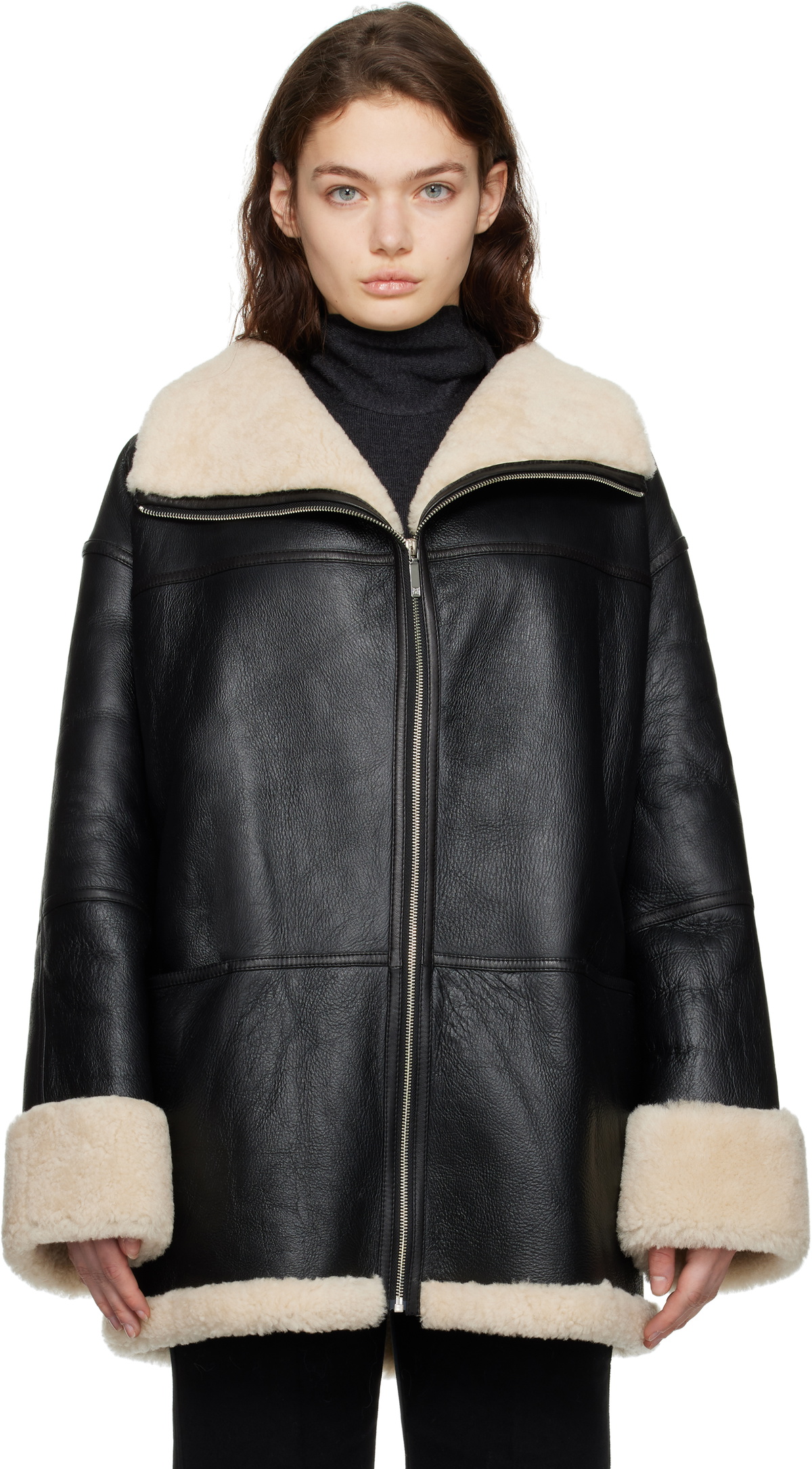 TOTEME Black & Off-White Signature Shearling Jacket Toteme