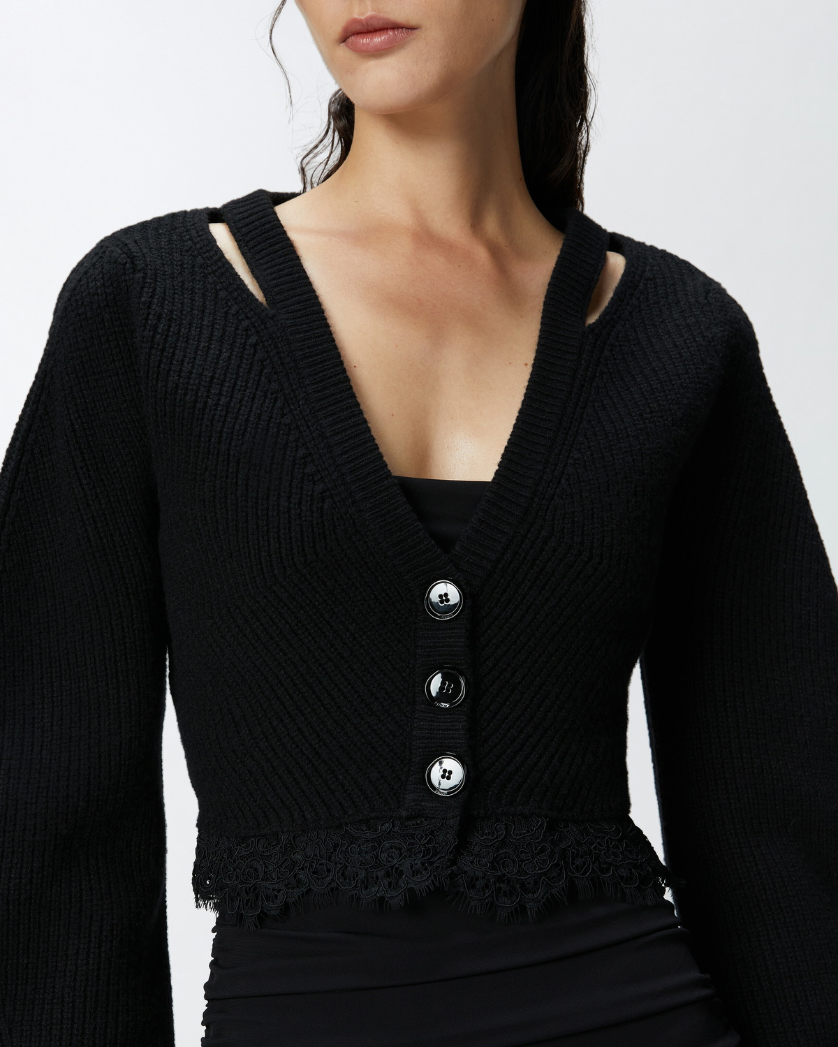 Pinko Ribbed Cropped Cardigan With Lace Hem Limo Black Pinko