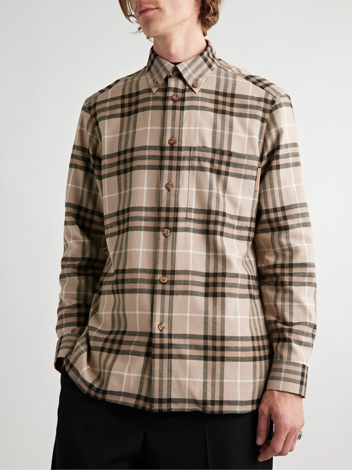 Burberry - Button-Down Collar Checked Cotton-Flannel Shirt - Neutrals Burberry