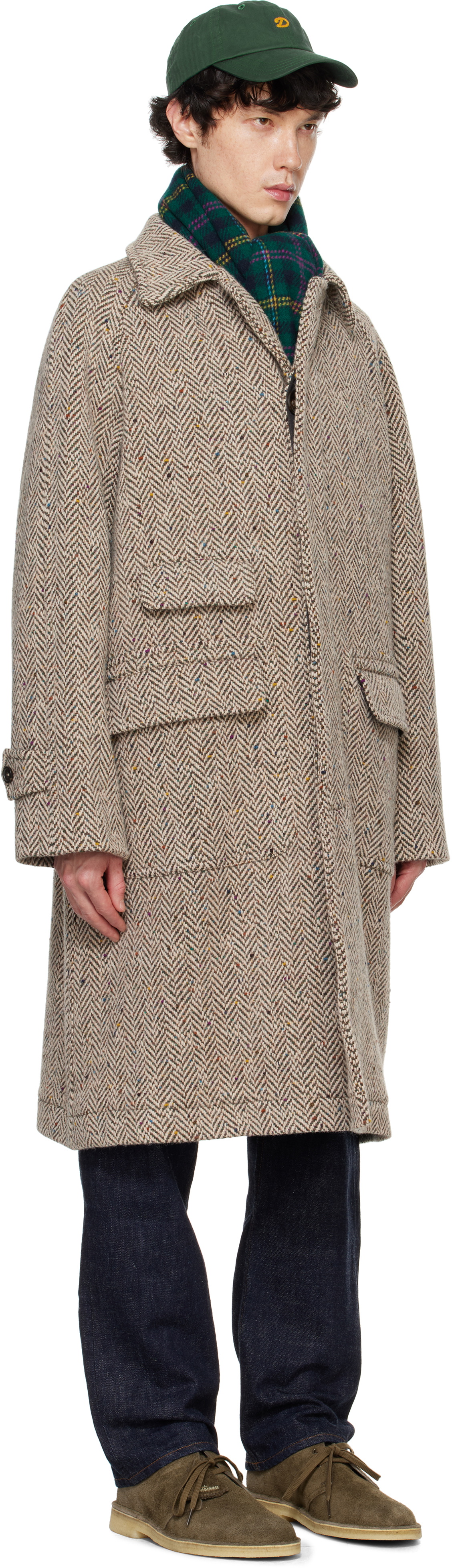 Drake's Beige Herringbone Wool Raglan Coat Drake's
