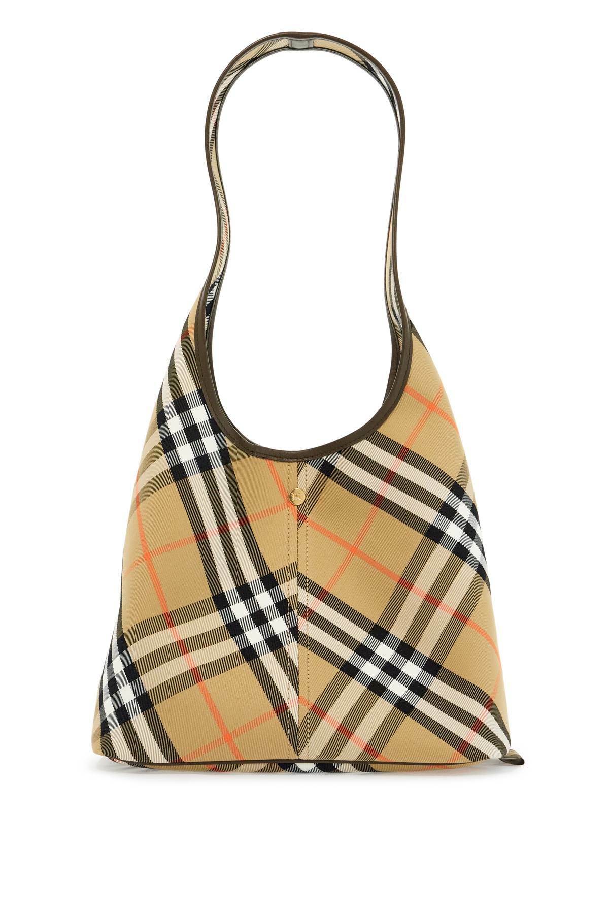 BURBERRY large beige cotton shoulder bag with check pattern and ...