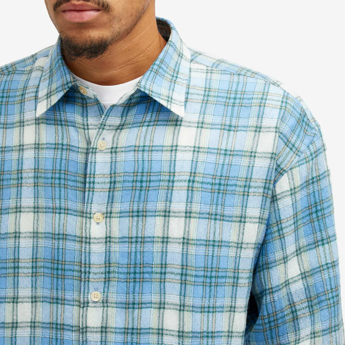 Auralee Men's Wool Check Shirt in Blue Check Auralee