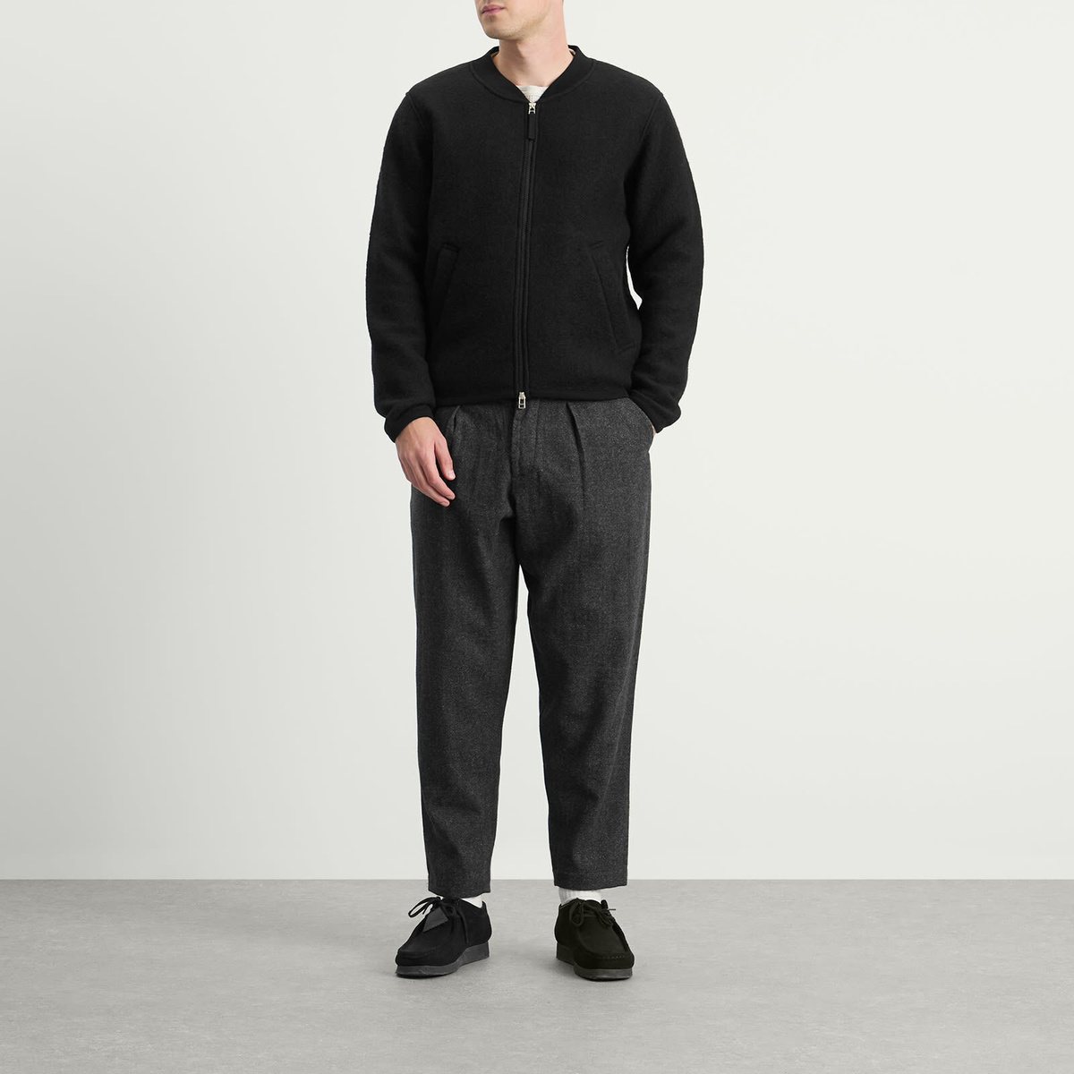 Universal Works Men's Wool Fleece Zip Bomber Jacket in Black Universal ...