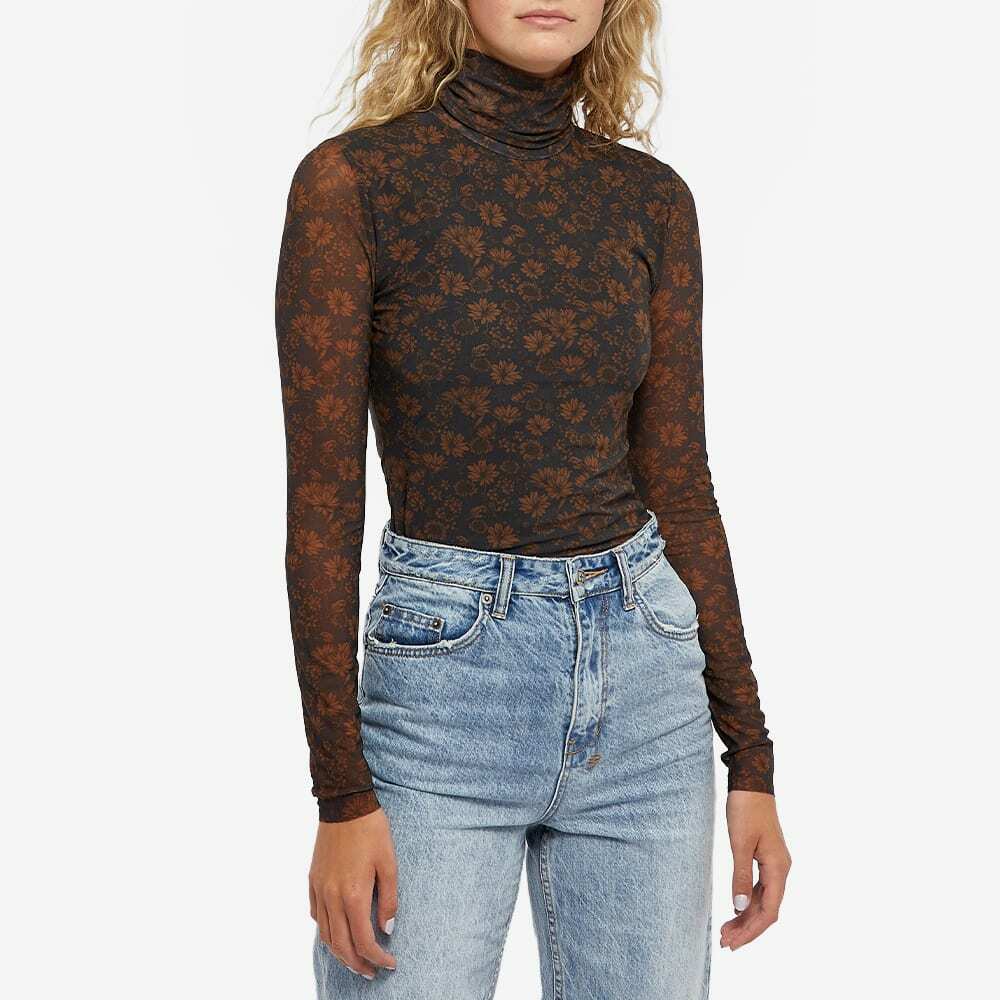 GANNI Women's Floral Print Mesh Top in French Roast GANNI