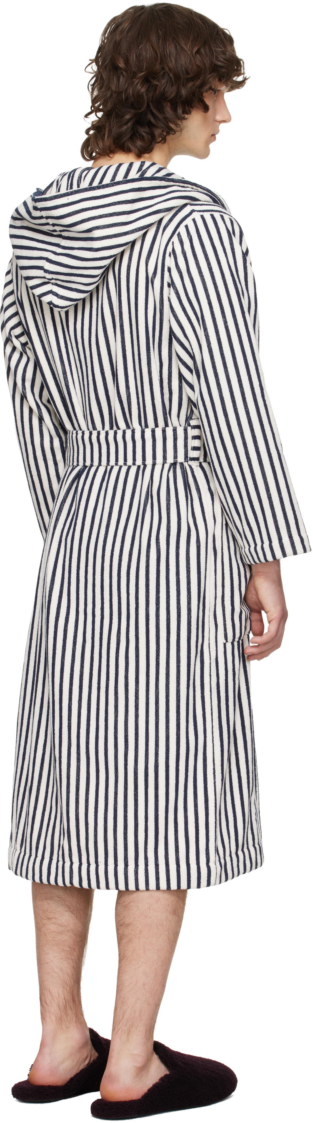 Tekla Off-White & Navy Terry Hooded Bathrobe Tekla Fabrics