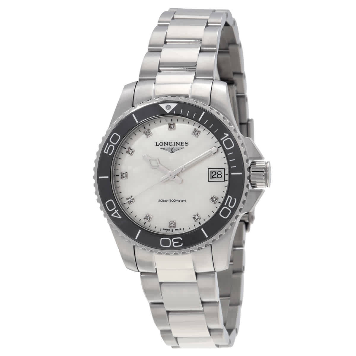 Longines Hydroconquest Quartz Diamond White Dial Ladies Watch L3.370.4 ...