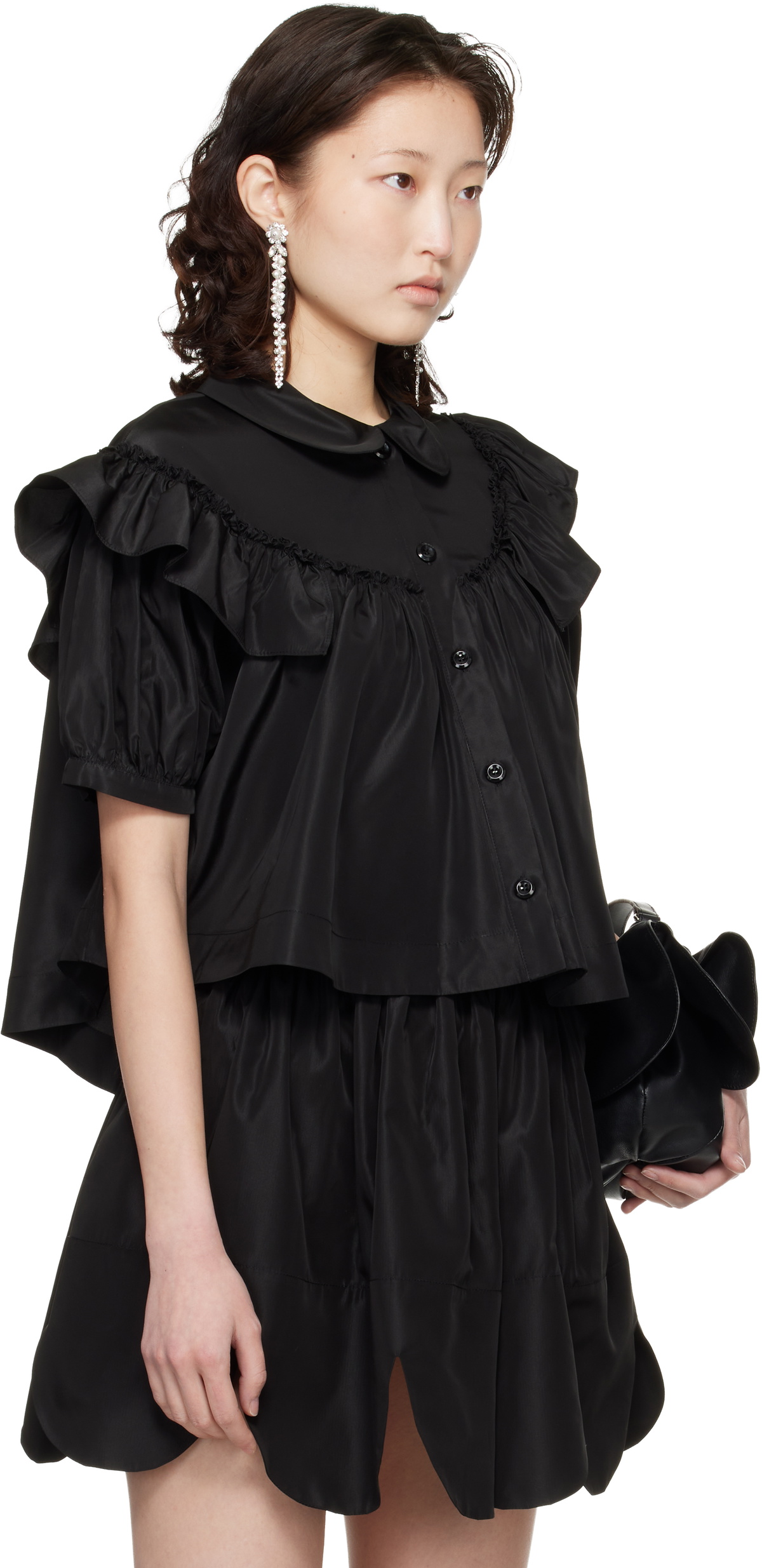 Simone Rocha Black Cropped Puff Sleeve Ruffle Frill Shirt Simone Rocha