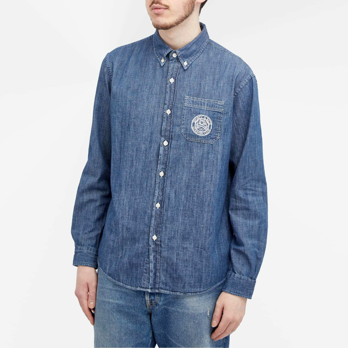 Sporty & Rich Men's Conneticut Crest Denim Shirt in Blue Sporty & Rich