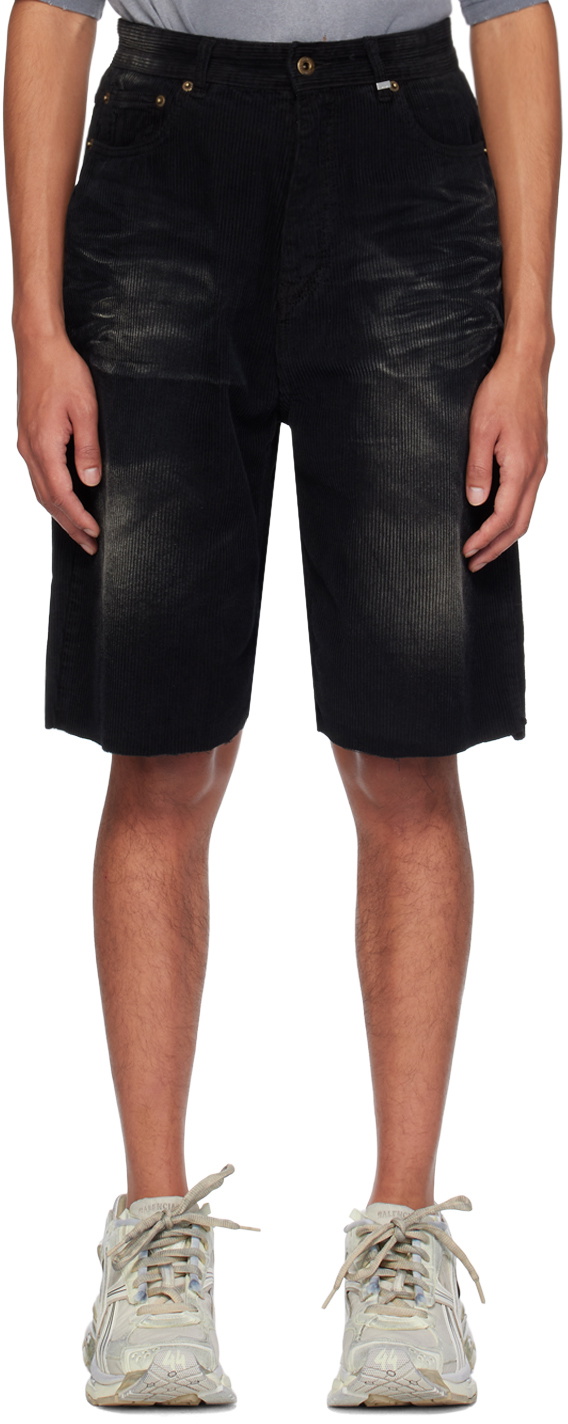 We11done Black Washed Raw Edge Shorts We11done
