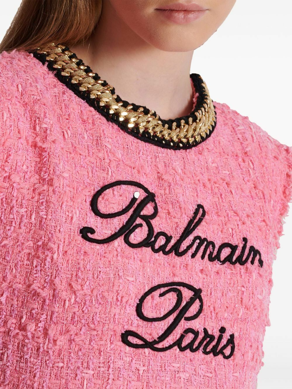 Balmain Pink Logo-Embroidered Tweed Crop Top Balmain