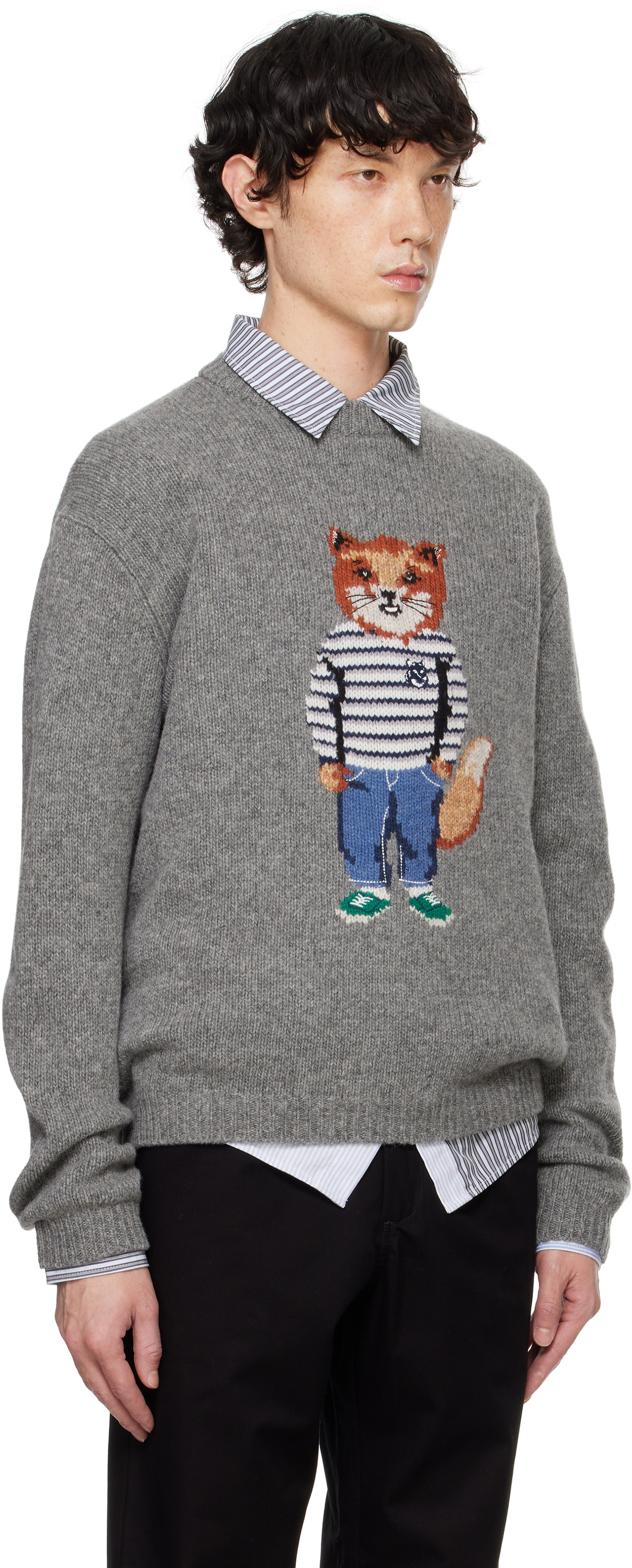 Maison Kitsuné Gray Dressed Fox Intarsia Sweater Maison Kitsune