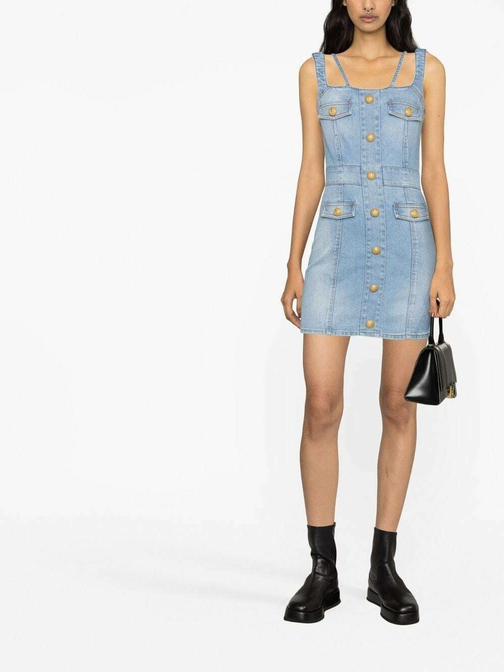 BALMAIN - Button-embossed Strapped Denim Short Dress Balmain