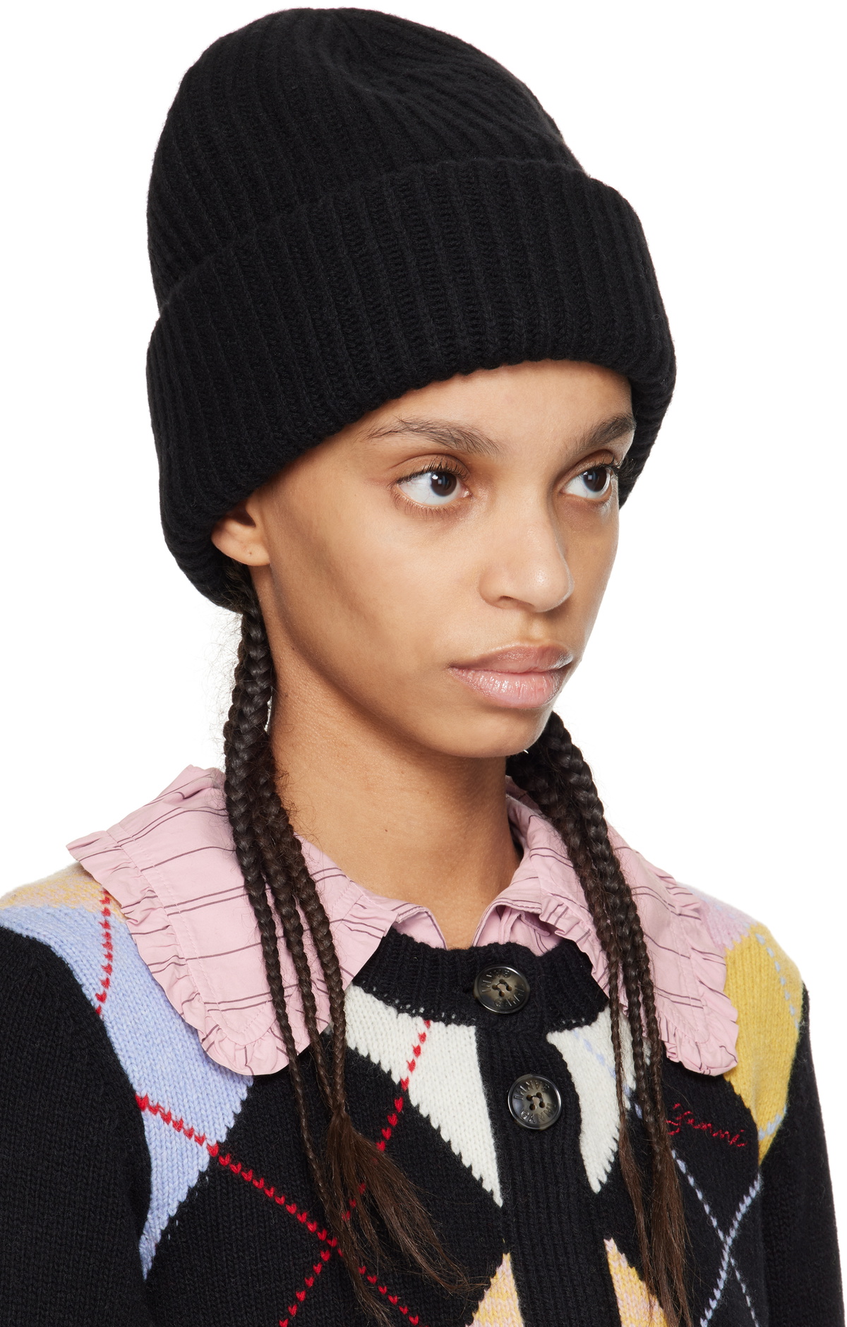 GANNI Black Oversized Wool Rib Knit Beanie GANNI