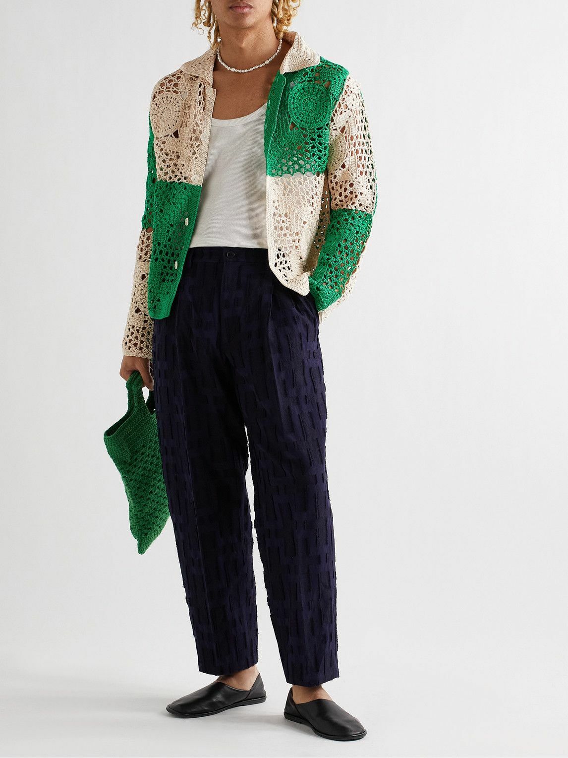 BODE - Colour-Block Crochet-Knit Cotton Shirt - Green Bode BODE - Colour-Block Crochet-Knit Cotton Shirt - Green Bode