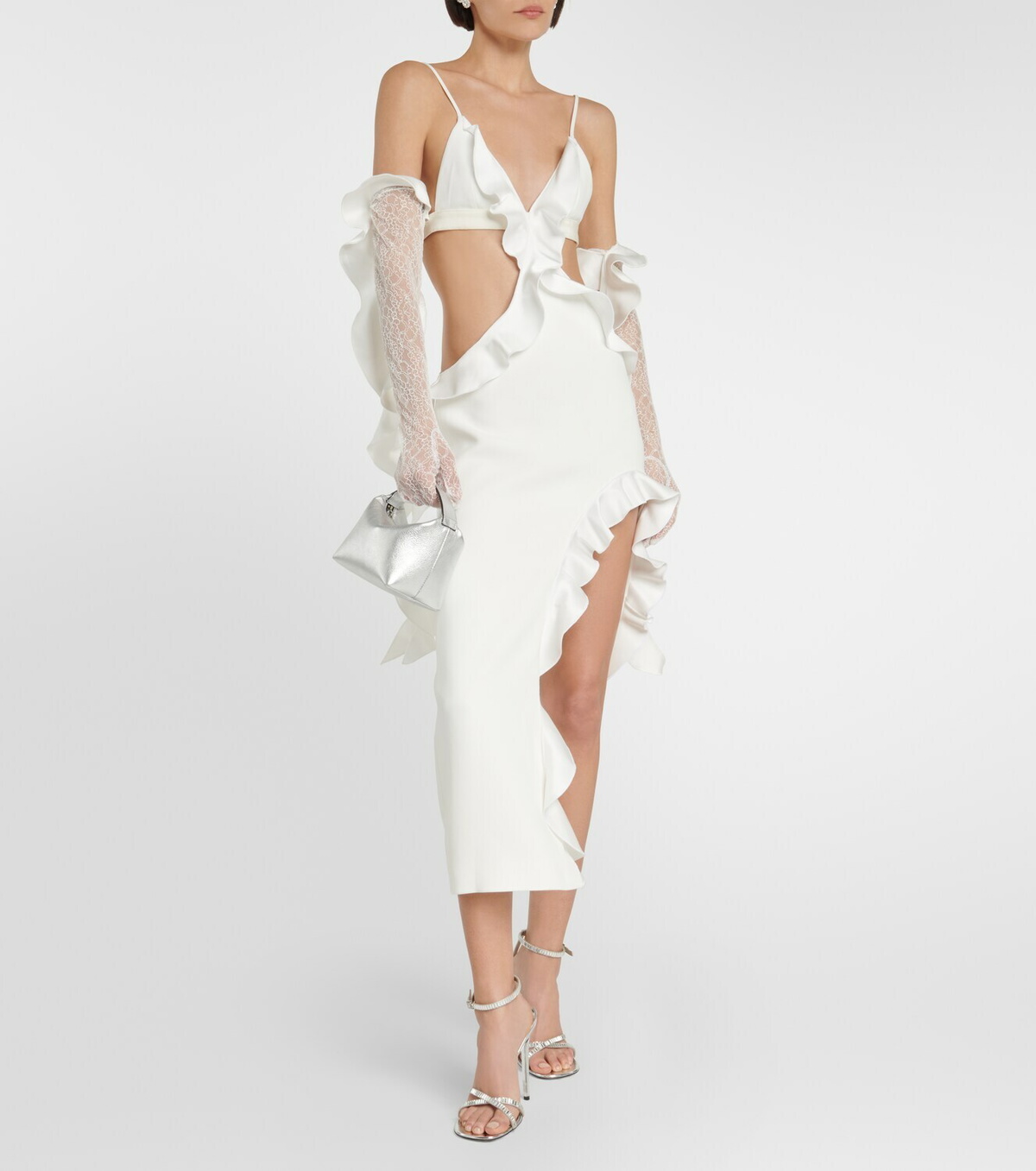 David Koma Ruffle-trimmed asymmetrical cutout midi dress David Koma