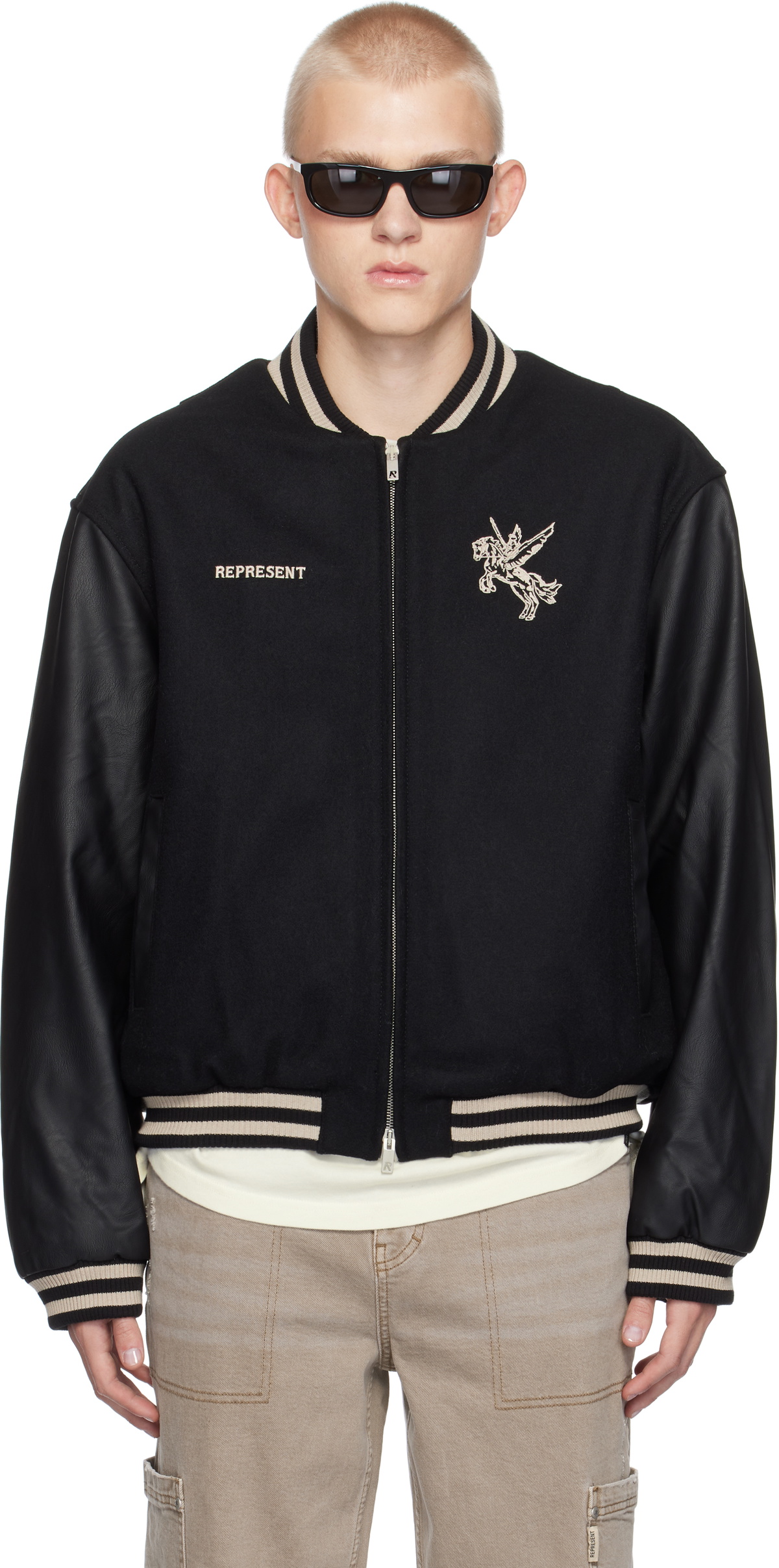 Represent Black Mascot Wool Varsity Bomber Jacket Represent